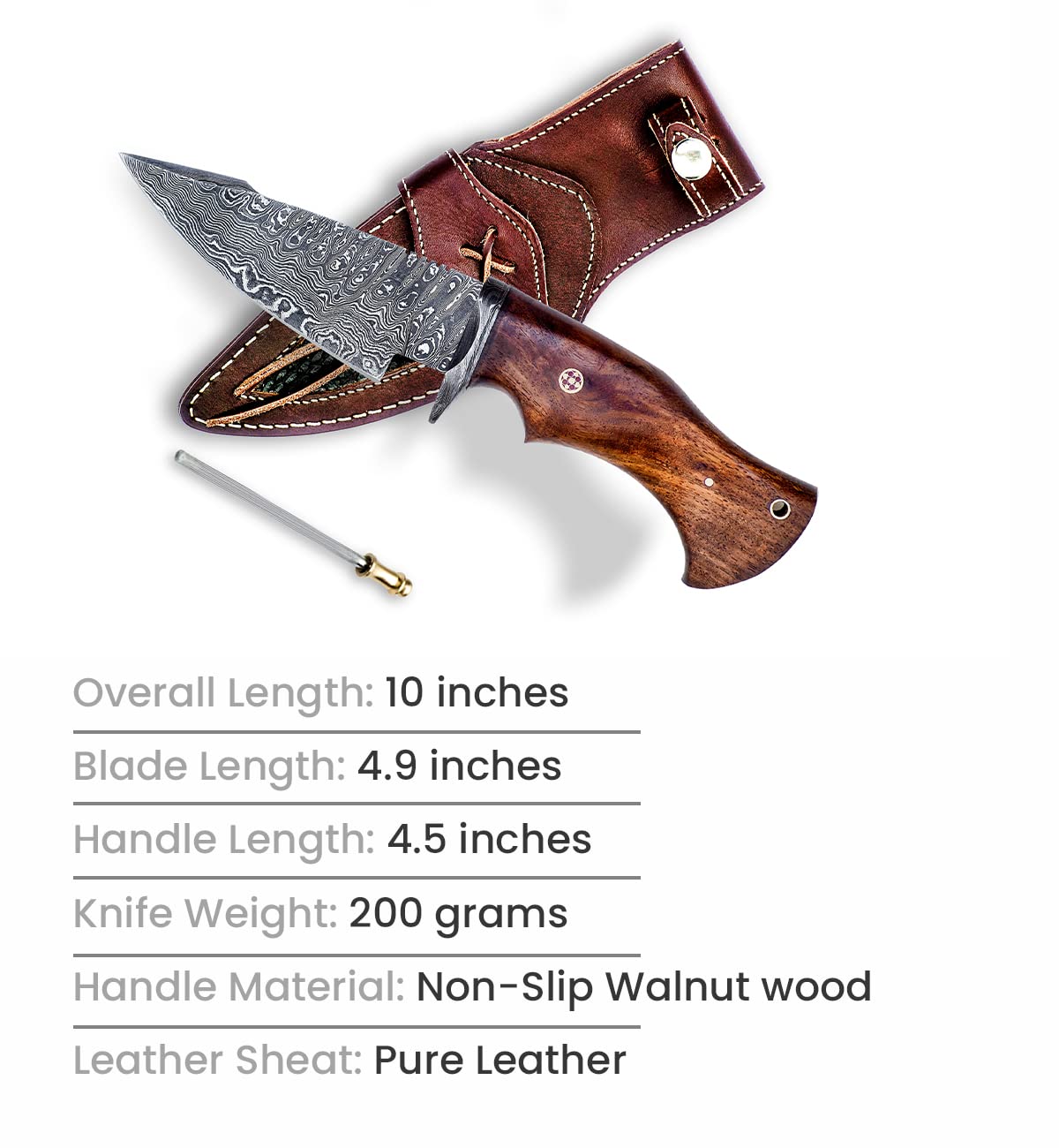 Hunting Knife 10-Inch Handmade Damascus knife & Blade Sharpener | Fixed Blade Knife with Sheath | Survival Knife with Non-Slip Walnut wood Handle | Tactical knife for self defense
