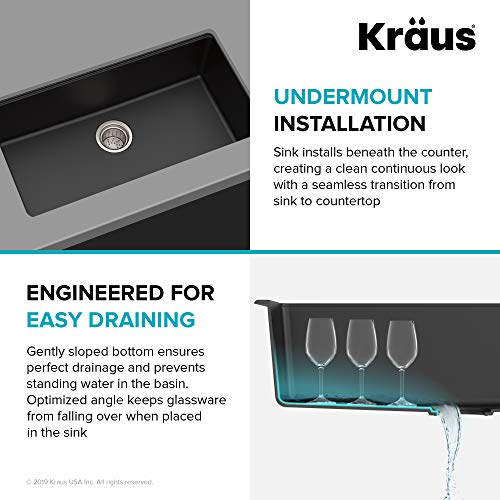 KRAUS 31 Inch Undermount Single Bowl Black Onyx Granite Kitchen Sink with WasteGuard⢠Continuous Feed Garbage Disposal, KGU-413B-100-75MB