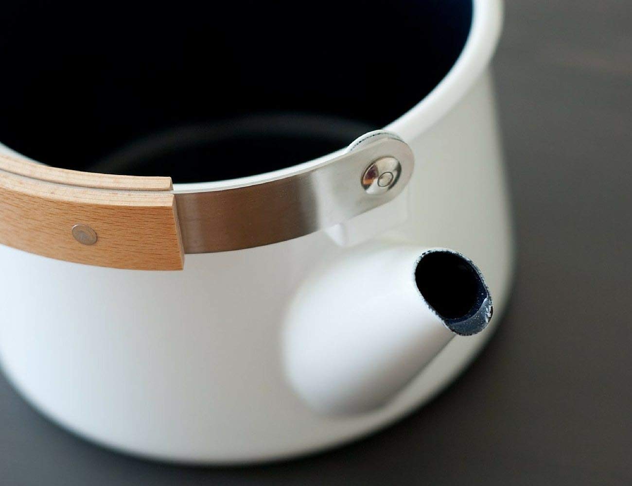 Kaico Kettle 1.45L(49oz) By Makoto Koizumi Spotless Enamel-Coated Steel Stunning Beech Wood Handle Maple Knob Clean Minimalist Design Brightening Kitchen