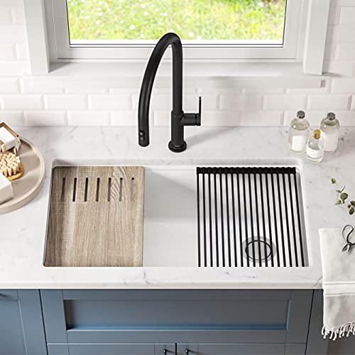 KRAUS Bellucci Workstation 32 in. Undermount Granite Composite Single Bowl Kitchen Sink in White with Accessories with WasteGuard™ Continuous Feed Garbage Disposal, KGUW1-33WH-100-75MB