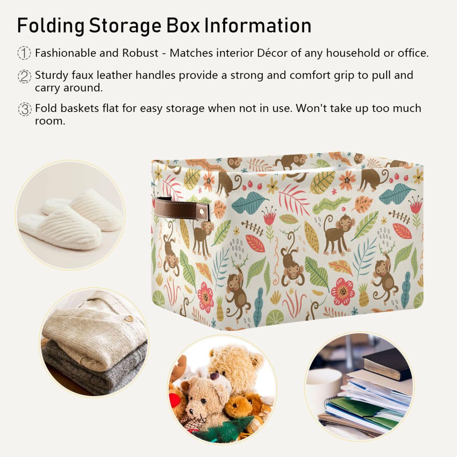 Kigai Collapsible Storage Basket with Handles, Cute Monkeys Canvas Fabric Storage Bins Toys Clothes Organizer for Bedroom, Nursery, Shelves, Closets (1PACK)