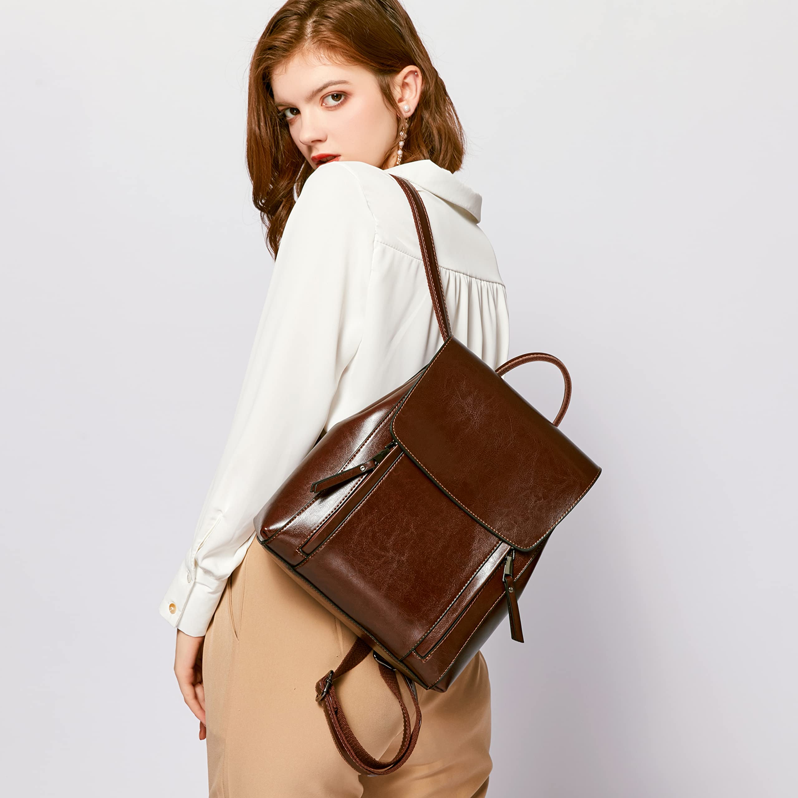 Iswee Vintage Waxy Leather Ladies Backpack Purses for Women Backpack Style Anti-theft Casual Daypack Shoulder Bag Fashion Bag (Coffee)