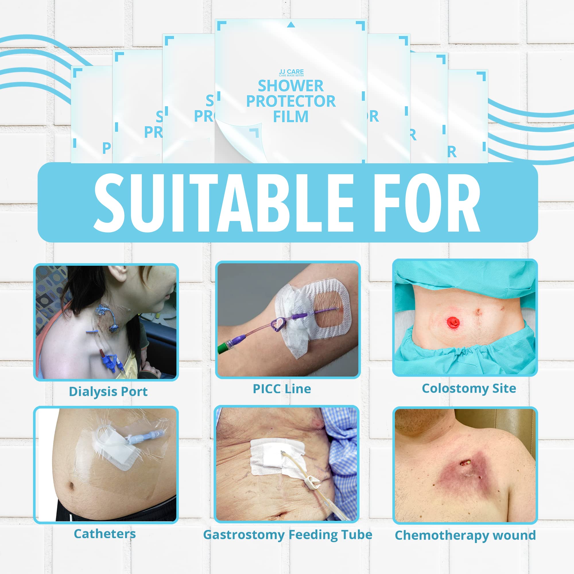 JJ CARE Shower Protector [Pack of 7], 9x9 Dialysis Catheter Shower Cover, PICC Line Water Barrier, Colostomy Shower Shields, Waterproof Bandage Protector, 1 Week Supply