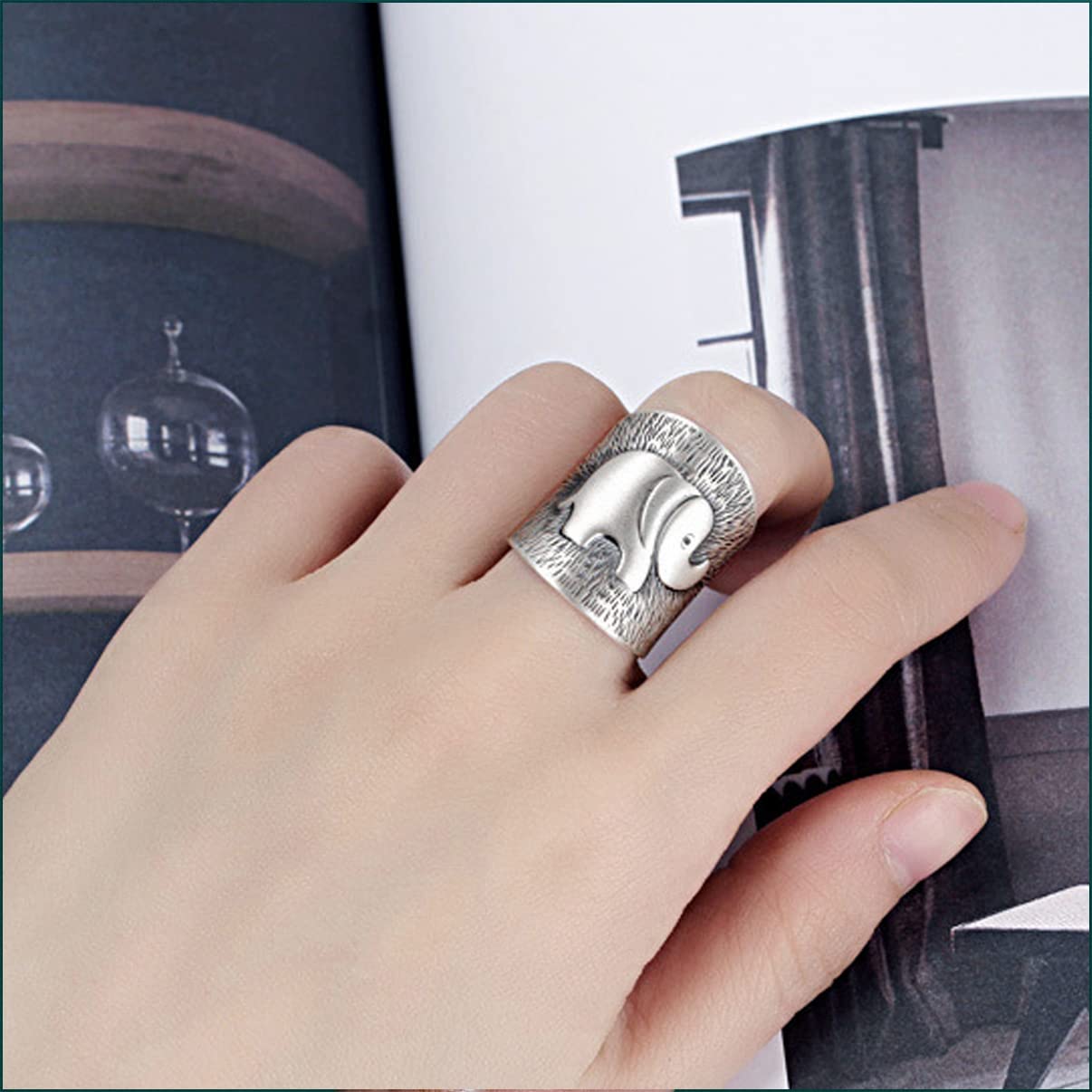 MYLYAHY S925 Sterling Silver Elephant Wide Bands Ring for Women,Adjustable Forefinger Thumb Finger Animals Ring,Boho Ring Jewelry Gift (Ring_B, Adjustable)
