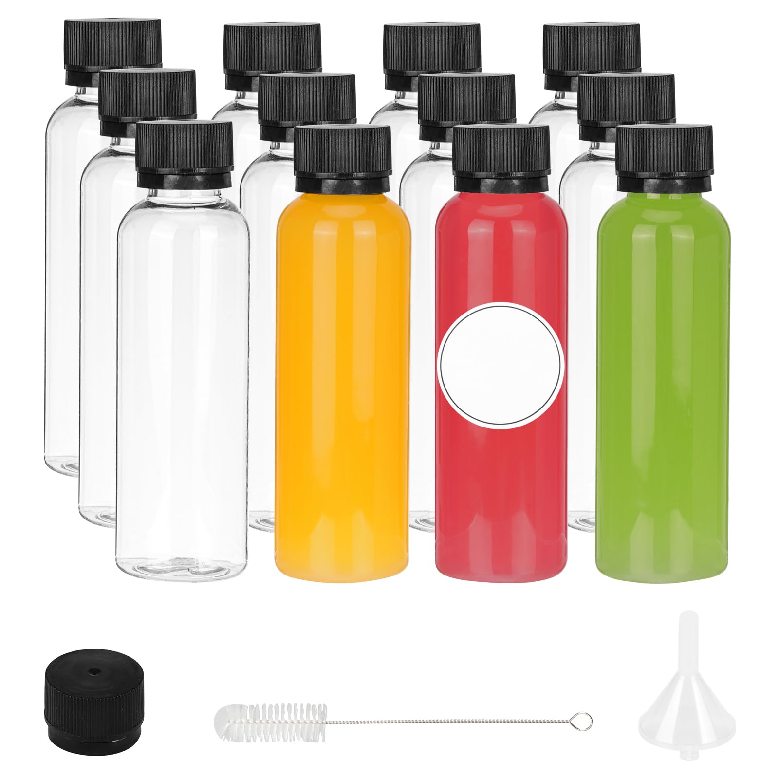Moretoes 2oz Shot Bottles with Caps, 12pcs Plastic Juice Bottles, Reusable Leak-proof Containers with Cap for Juices, Ginger Shot, Smoothie and Other Liquids