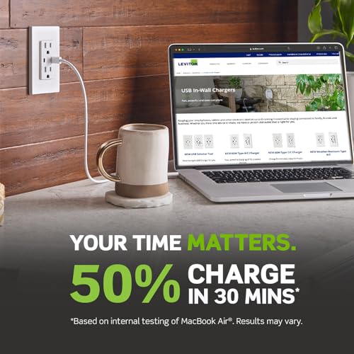 Leviton T5636-W 60W USB Dual Type-C Power Delivery In-Wall Charger with 15A Outlet, USB Charger for Laptops, Smartphones, Tablets, and More, White
