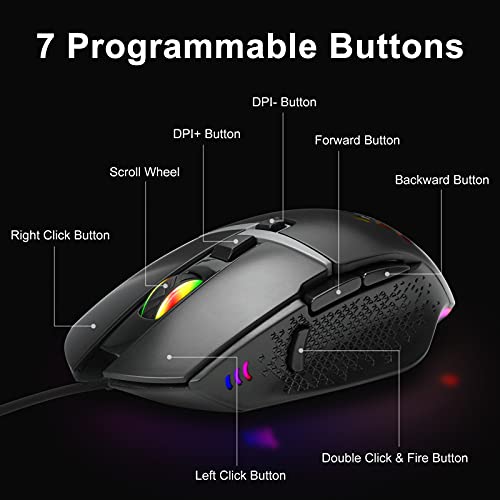 KBCASE Wired Gaming Mouse, PC Gaming Mice, Adjustable 7200 DPI, 7 Programmable Buttons Mouse for Laptop RGB Backlit Computer Mouse for Laptop Windows/PC/Mac/Gamer
