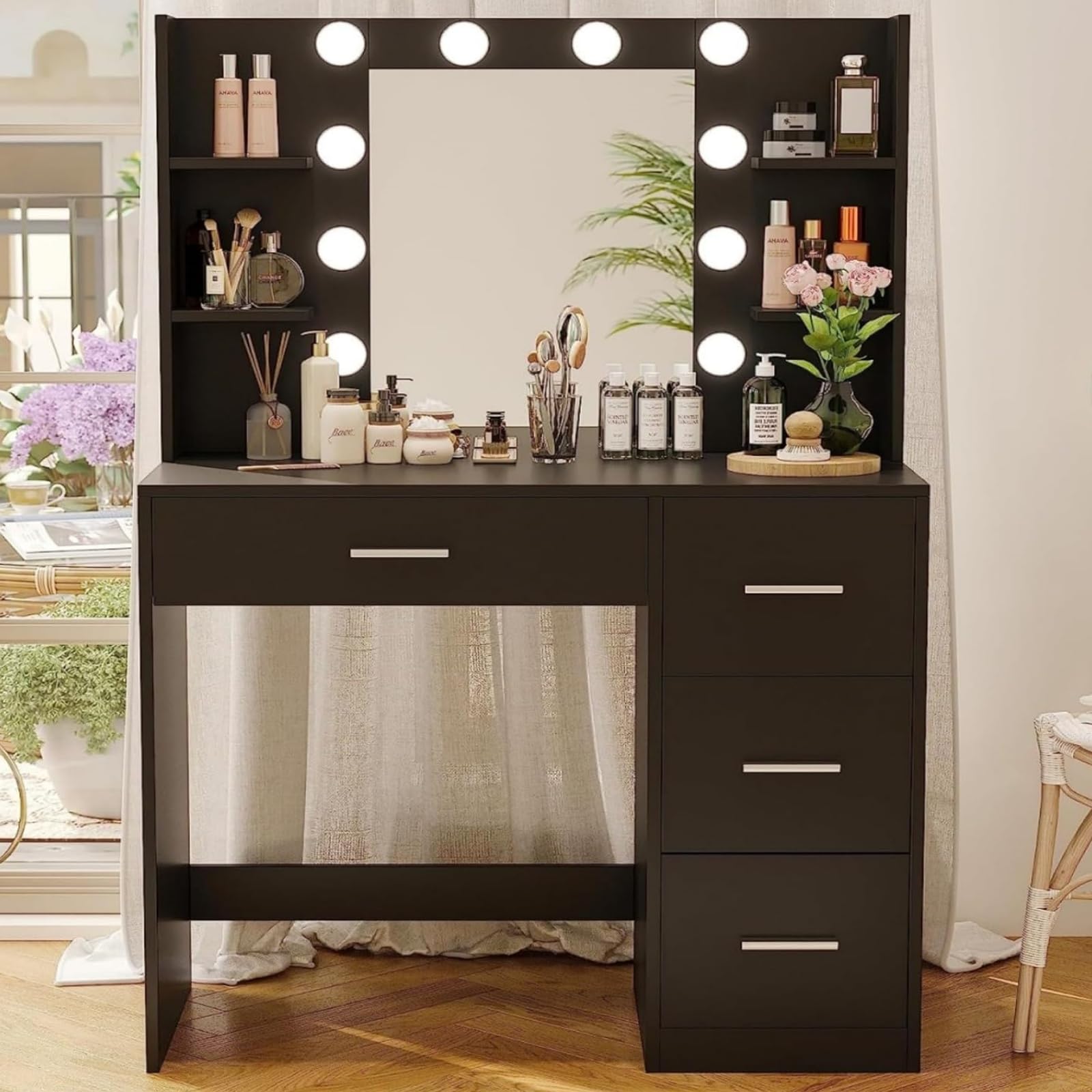 Irontar Vanity Desk, Makeup Vanity with 10 LED Lights and 4 Drawers, Brightness Adjustable, Dressing Table with 6 Shelves, Vanity Table for Women, Black WDT003B