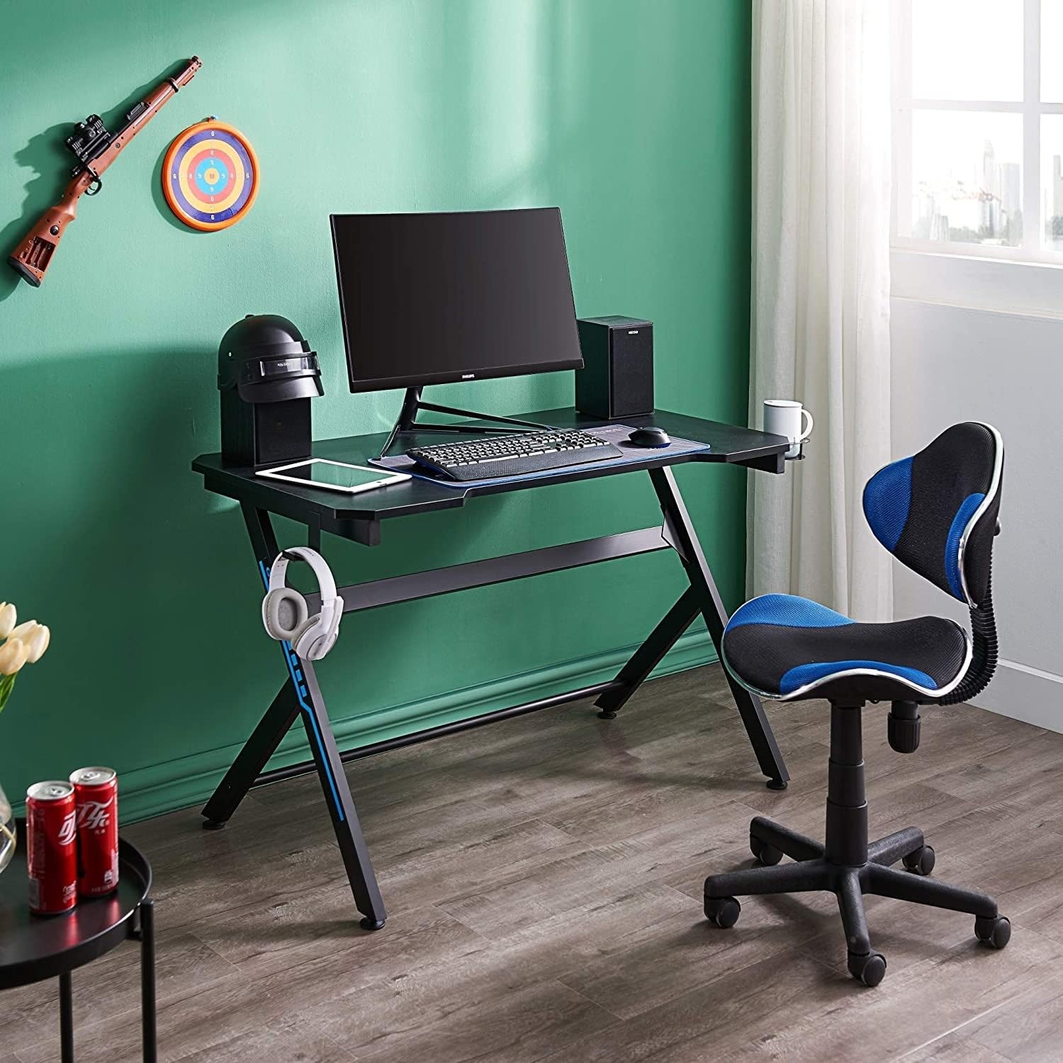 JJS 48" Home Office Gaming Computer Desk with Cable Management, R Shaped Large Gamer Workstation PC Table with Cup Holder Headphone Hook Mouse Pad, Black Manufacturer Brand Name
