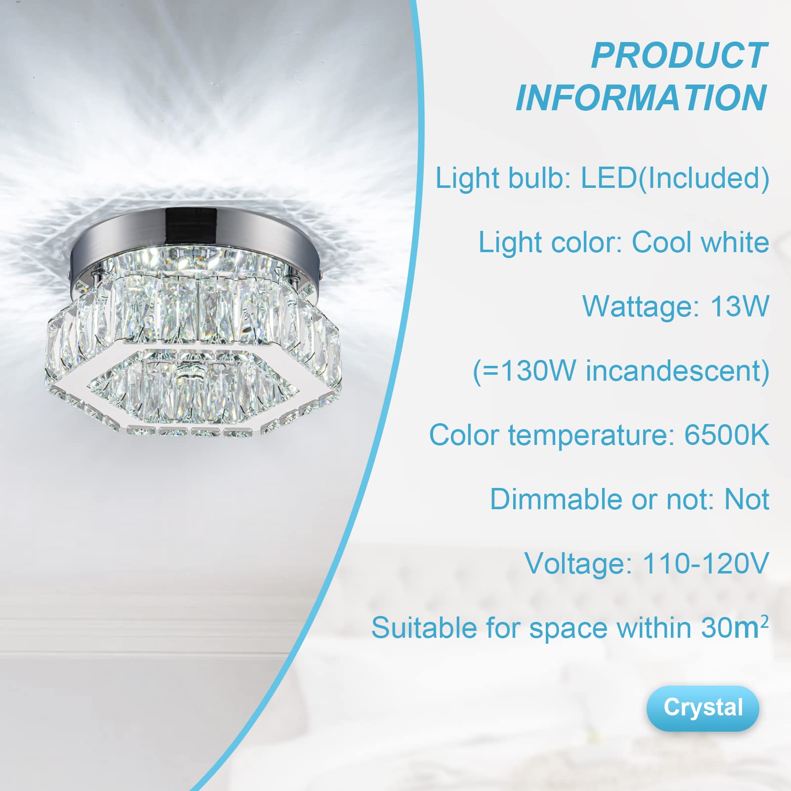 HomLaiting Mini Crystal Chandelier LED Flush Mount Ceiling Light Fixture, 7.8' x 3.94', Cool White for Bedroom, Hallway, Bathroom, Kitchen, Office