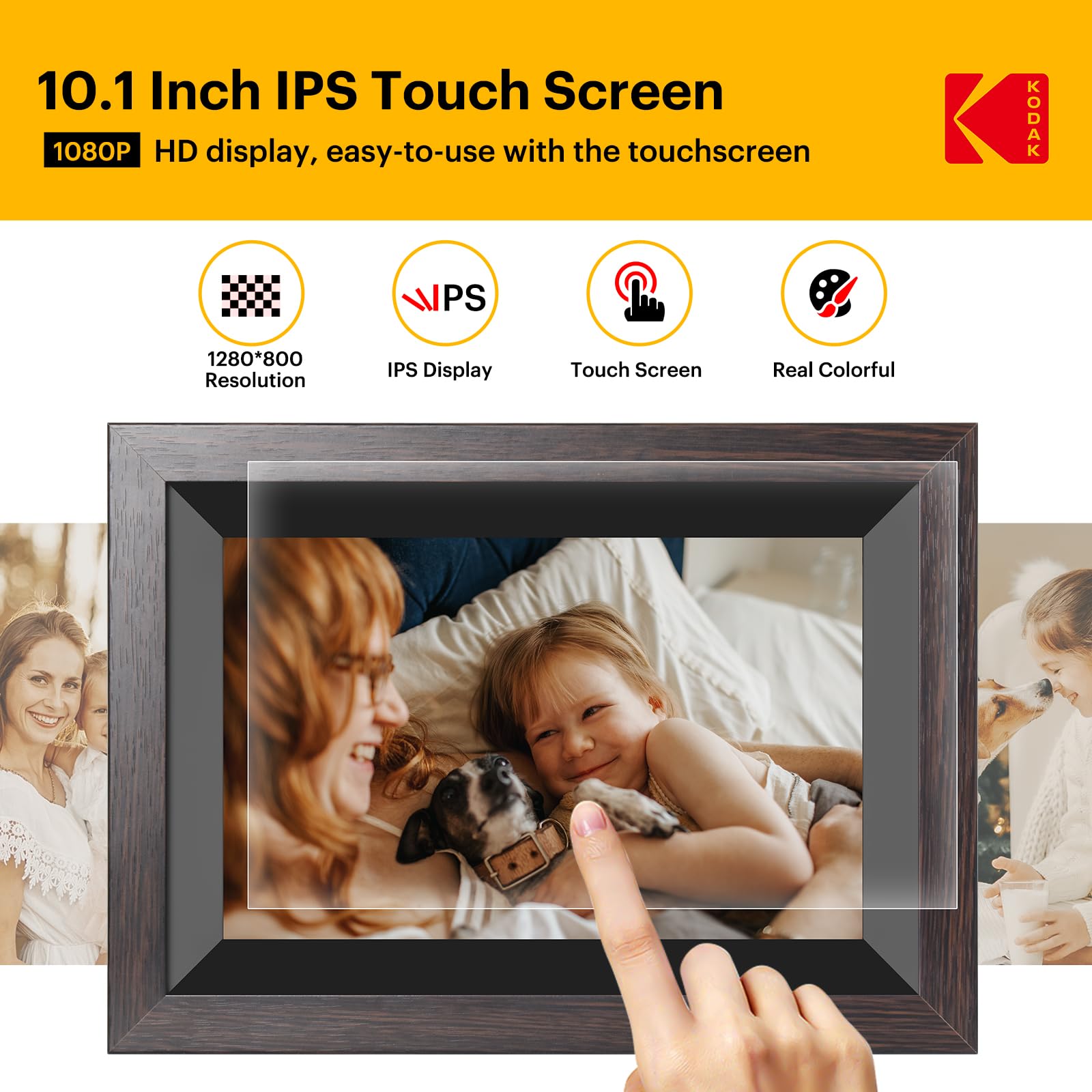 KODAK 10.1 Inch Smart WiFi Digital Picture Frame 1280x800 Touch Screen,Auto-Rotate, Built in 16GB Memory, Share Moments Instantly via Kodak App from Anywhere(Wood)
