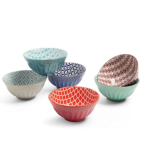 LEHAHA Embossed Cereal Bowl, Ceramic Soup Bowls Set, 23 OZ Snack Bowls for Kitchen, Vintage Decorative Bowl, for Salad Pasta Rice Oatmeal, Dishwasher & Microwave Safe, Set of 6