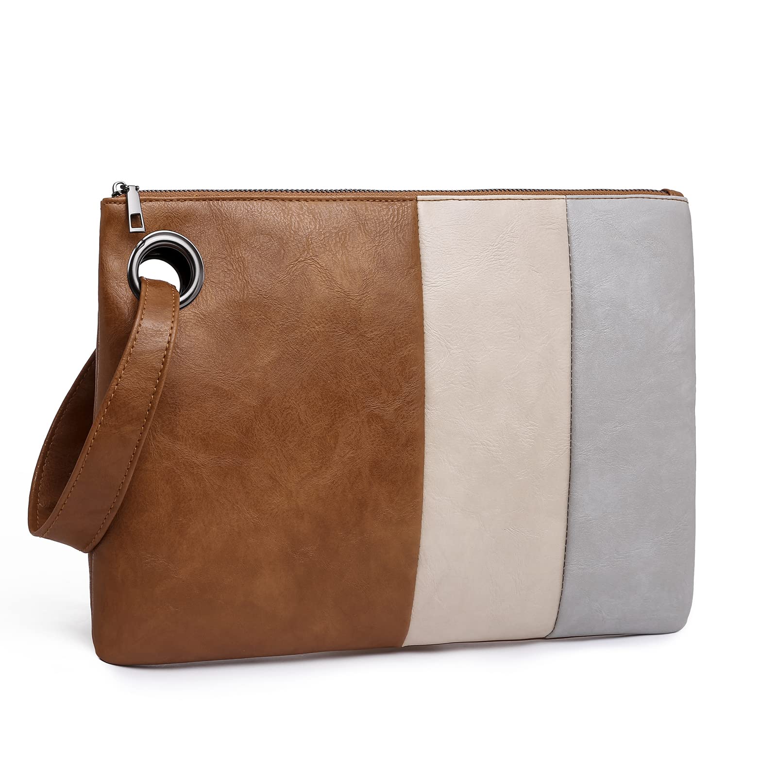 KlaOYer Large Colorblock Soft Pu Leather Wristlet Clutch Bag For Women Designer Large Wallet Evening Purse with Round handle (Brown-White-Grey)