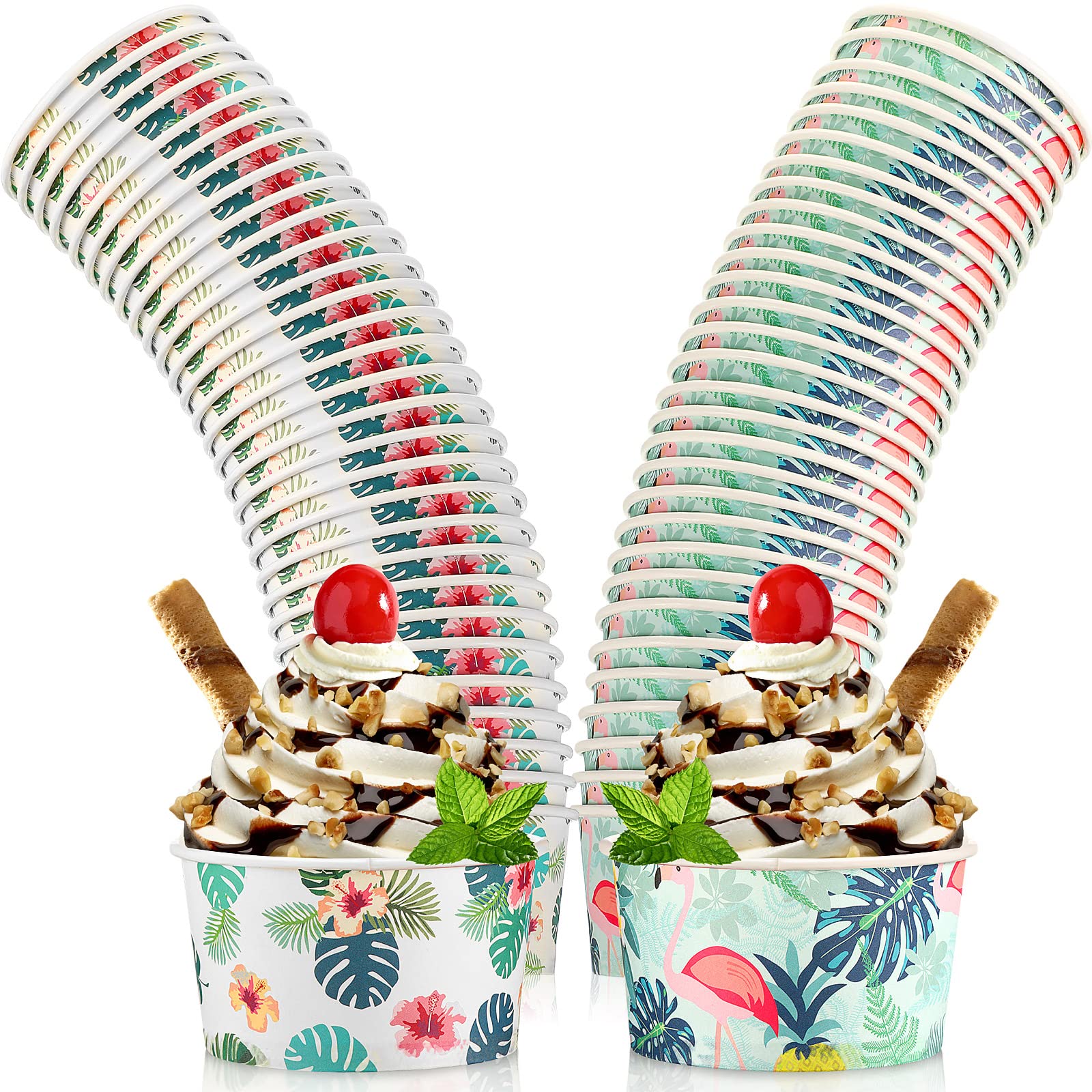 Hawaiian Summer Party Supplies Ice Cream Bowls Disposable Treat Snack Cups 8 oz Paper Yogurt Dessert Bowls for Sundae Soup Candy Hot or Cold Food Party Supplies(Floral Pattern,60 Count)
