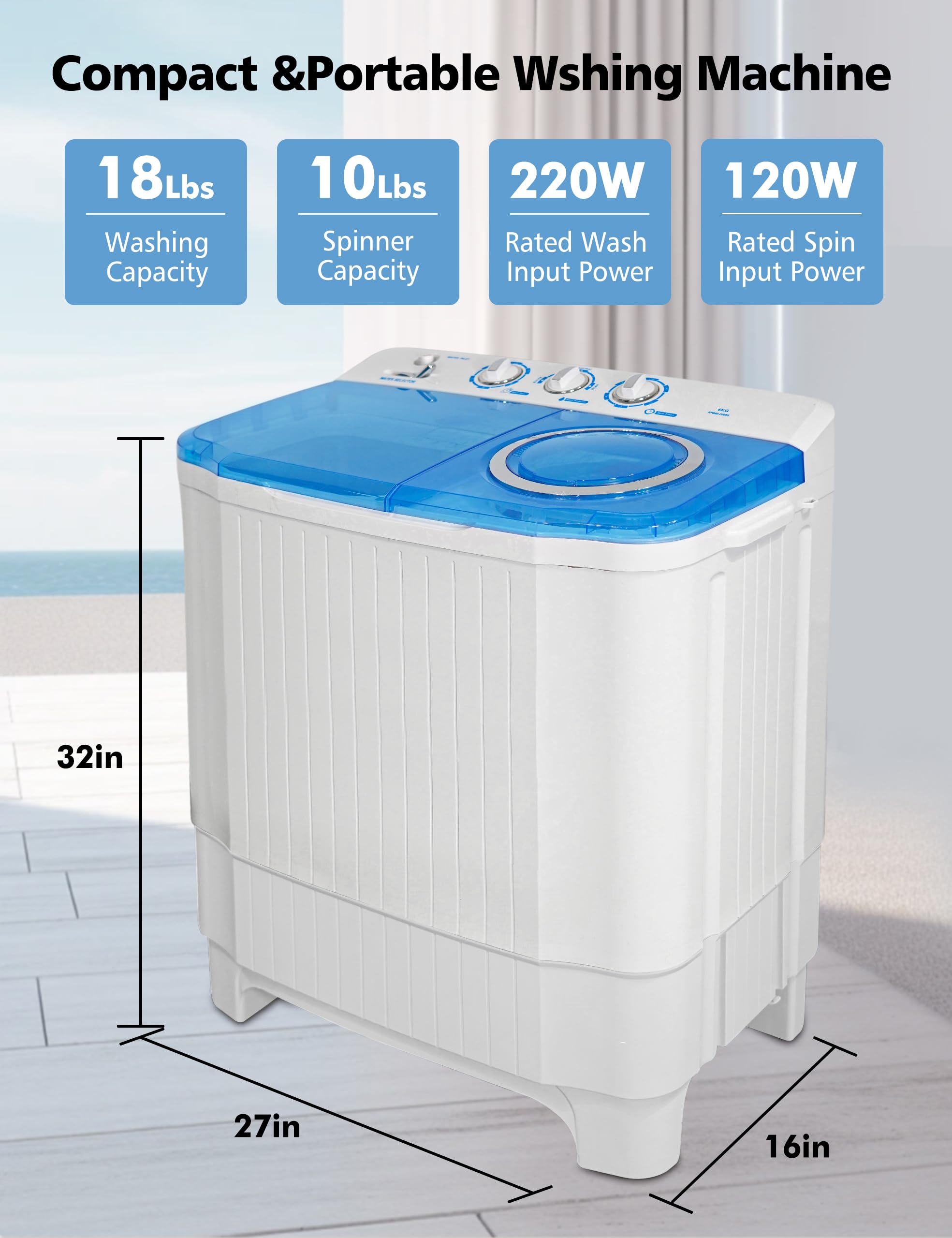 Portable Washing Machine - 28Lbs Compact Twin Tub Washer and Spin Dryer - Semi-automatic Laundry Washer(18Lbs) & Spinner(10Lbs) Combo Timer Control with Drain Pump for Apartments,RVs,Dorms