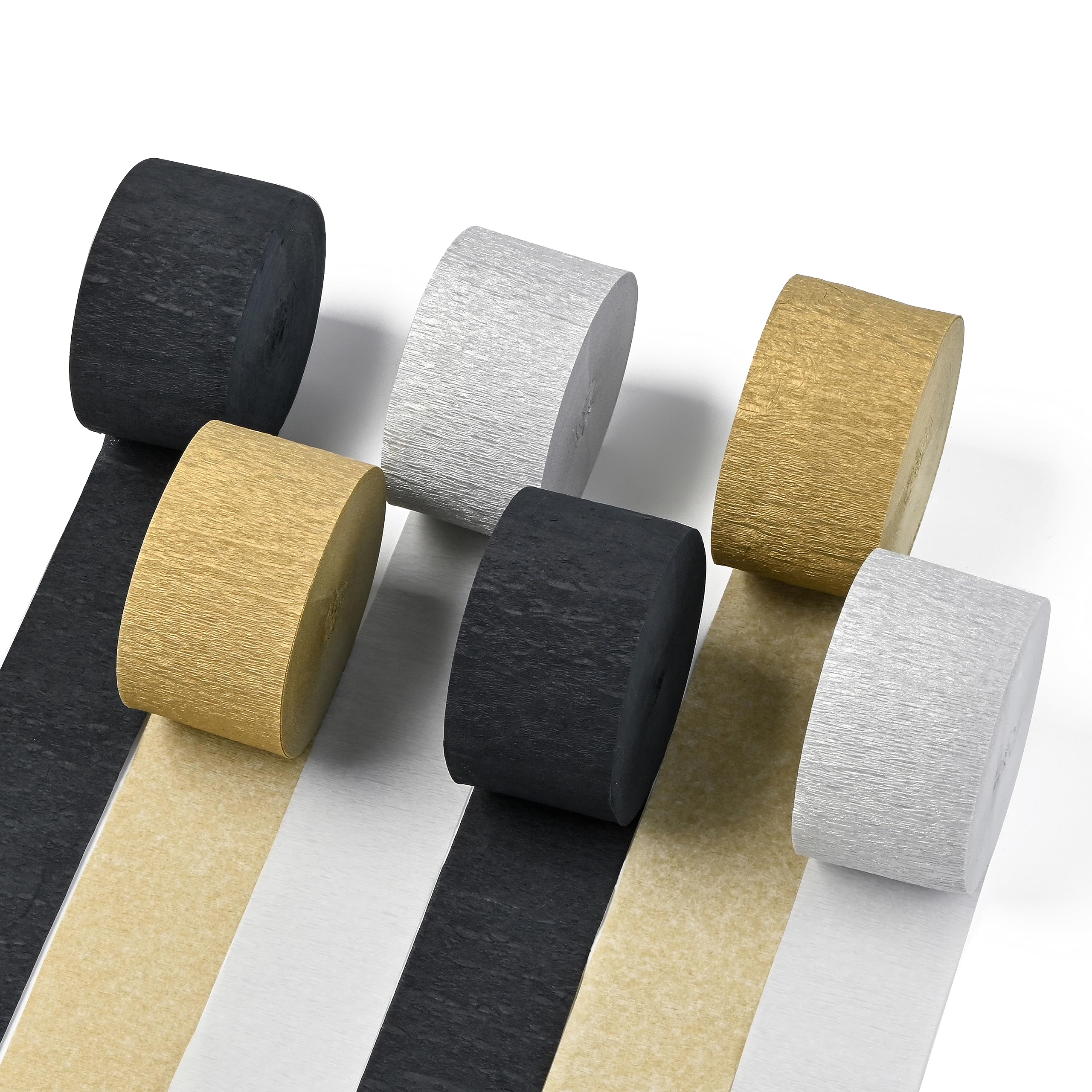 IBEEDOW Crepe Paper Streamers 6 Rolls 720ft, Pack of Gold, Silver and Black Color Party Streamers for Party Decorations, Birthday Decorations, Wedding Decorations (1.8 Inch x 120 Ft/Roll)
