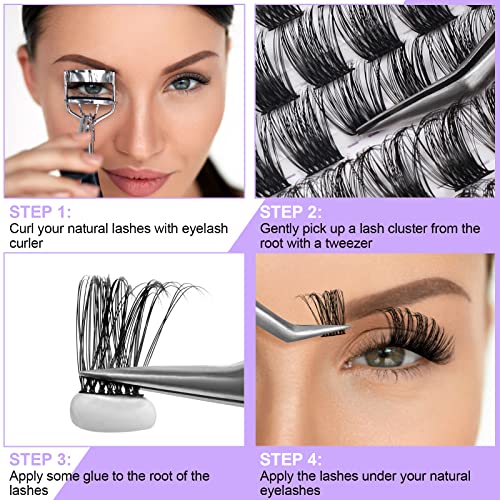 Kugge Cluster Lashes DIY Eyelash Extensions, 240Pcs D Curl Cluster Eyelashes, 8-16mm Mixed Length Individual Lashes Cluster, 3D Effect Natural Wispy Lash Extensions at Home (20D+The Devil)