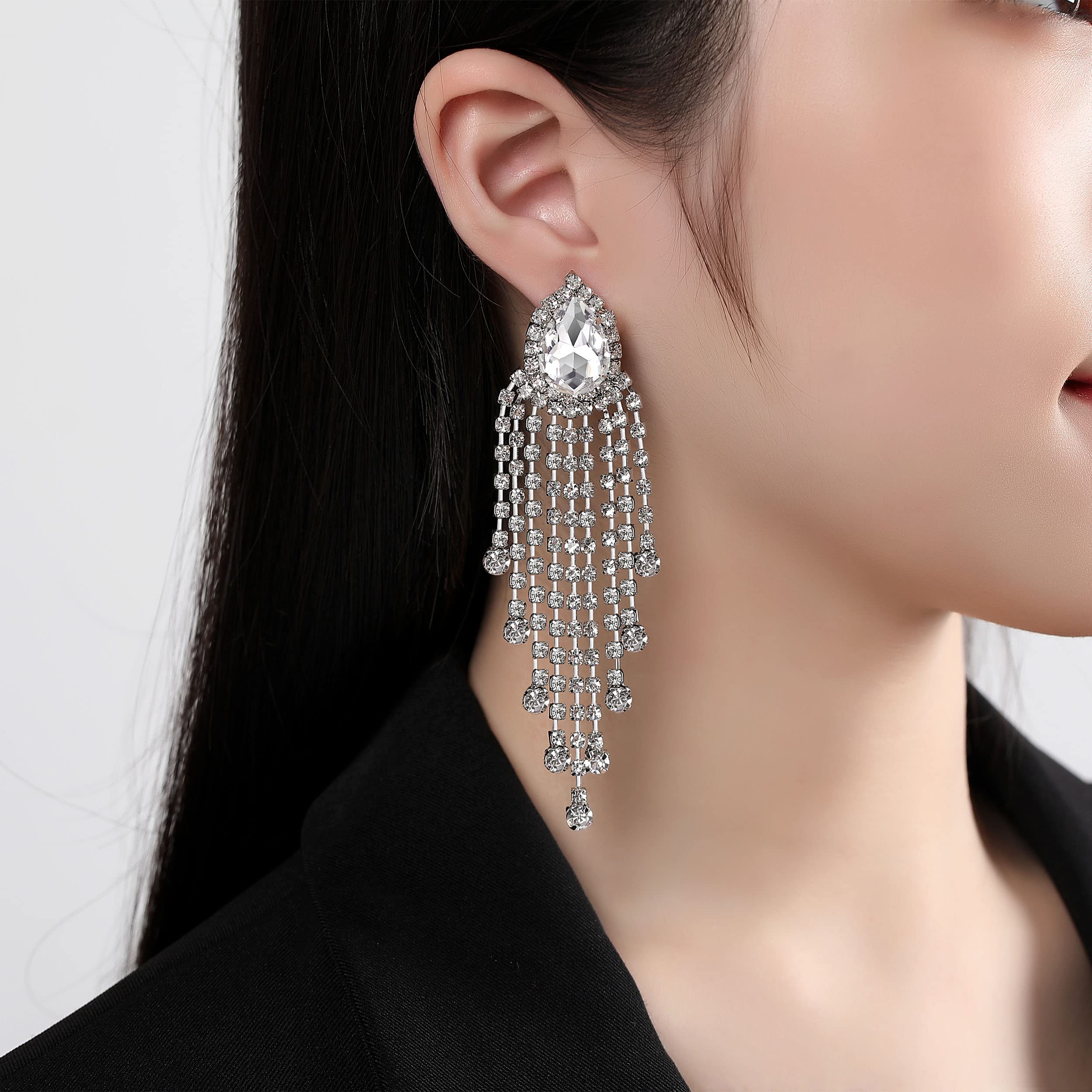 Lauracode Chandelier Rhinestone Earrings Dangling Tassel Long Sparkly Silver Pageant Bridal Wedding Earrings 10.5