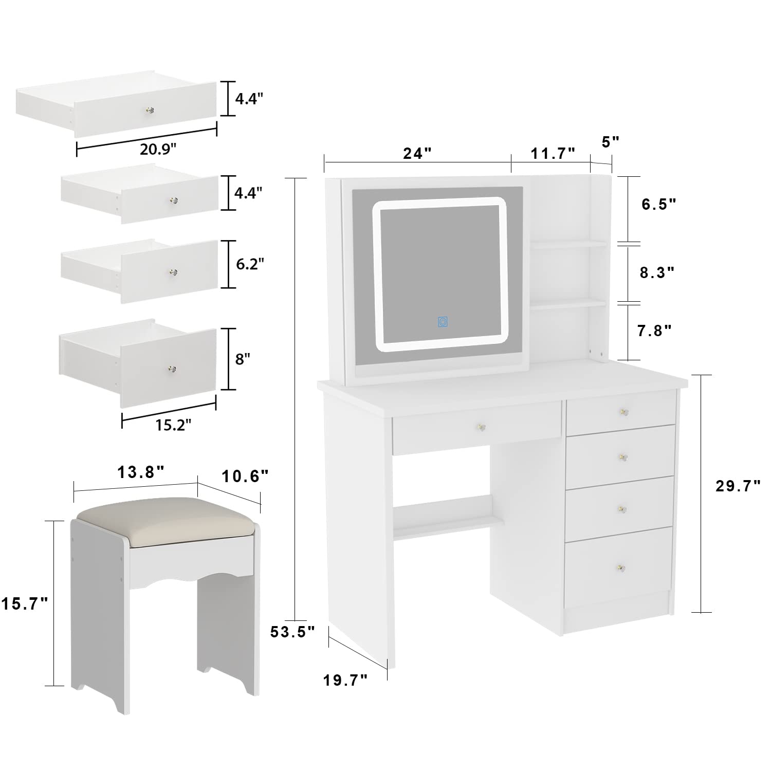 Homsee 39.4" L Vanity Desk Set Makeup Table with Large Lighted Mirror, Dressing Table with 5 Drawers, Storage Shelves & Cushioned Stool for Bedroom, White