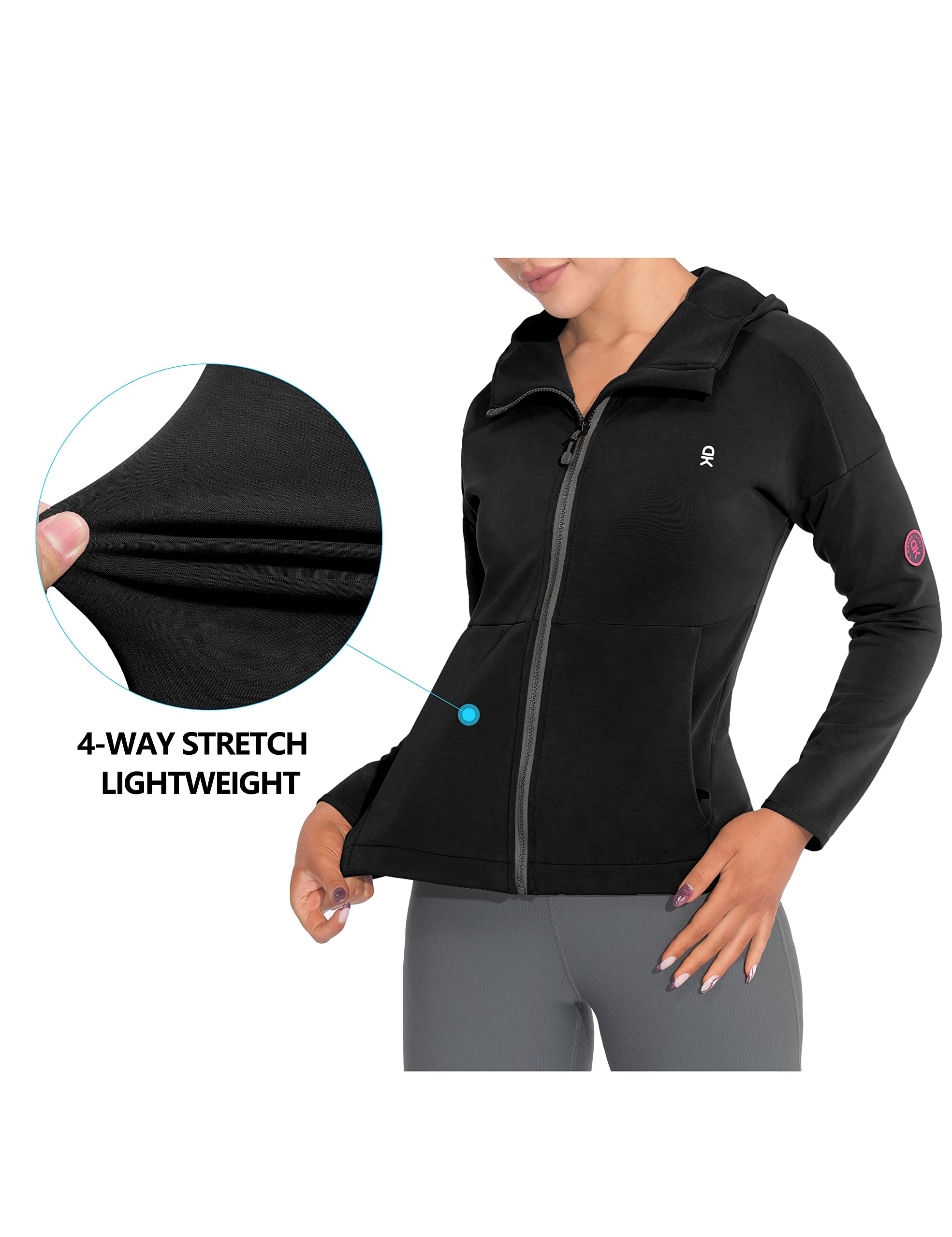 Little Donkey Andy Women's Lightweight Stretch Running Jacket, Full Zip Athletic Hooded Jackets, Moisture-Wicking (Black M)