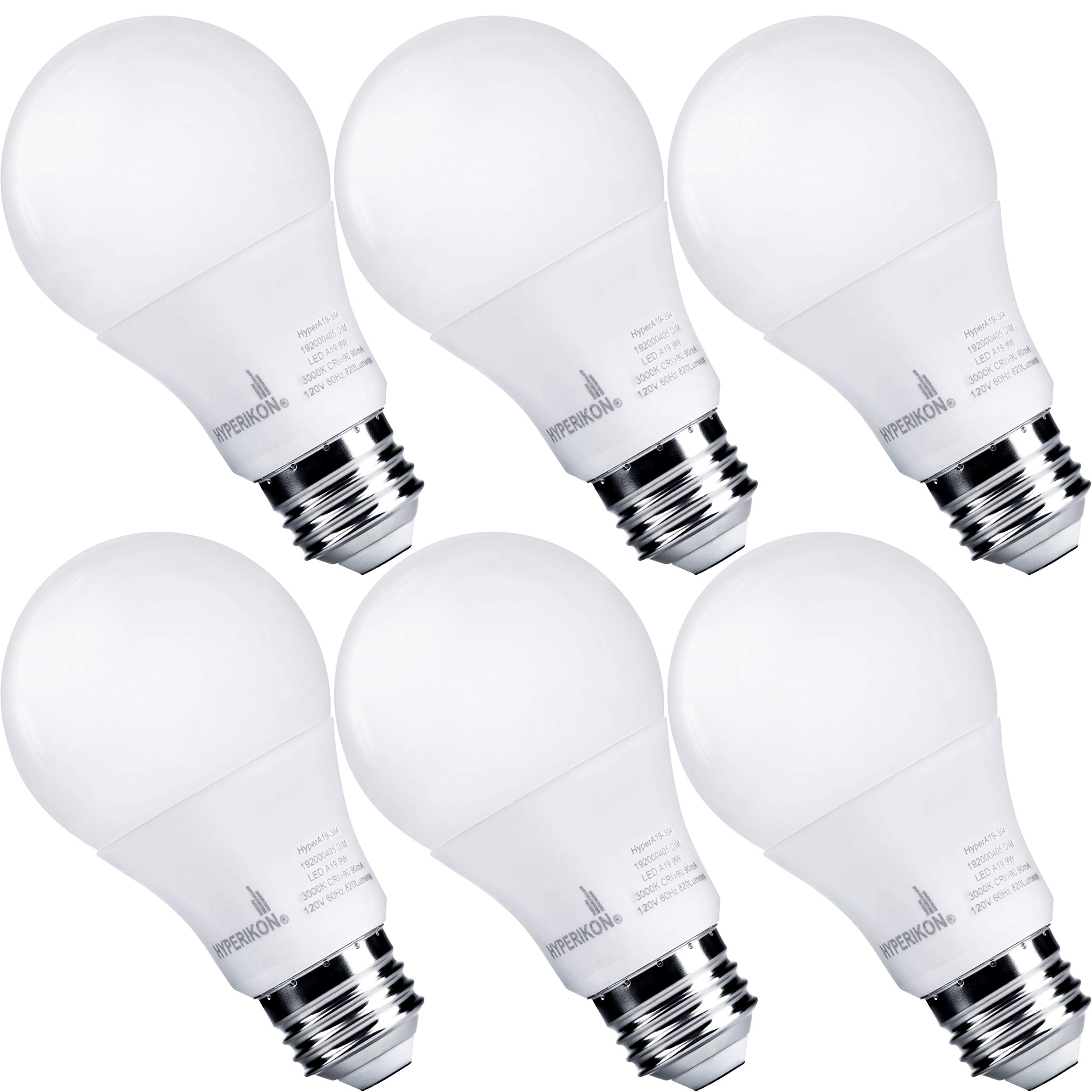 Hyperikon LED Light Bulb A19 9W=60W, Non Dimmable LED Lighting E26 Medium Screw Base, Omnidirectional, UL, Crystal White, 6 Pack