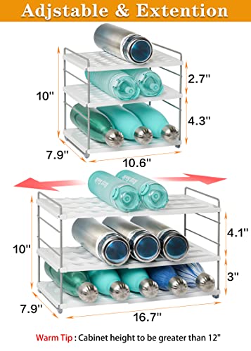 Water Bottle Organizer For Cabinet, Expandable Water Bottle Holder Rack, Adjustable Tumbler Storage For Kitchen Organization, 3 Tier Cup Organizer For Sports Flask Insulated Travel Mug Fridge, White