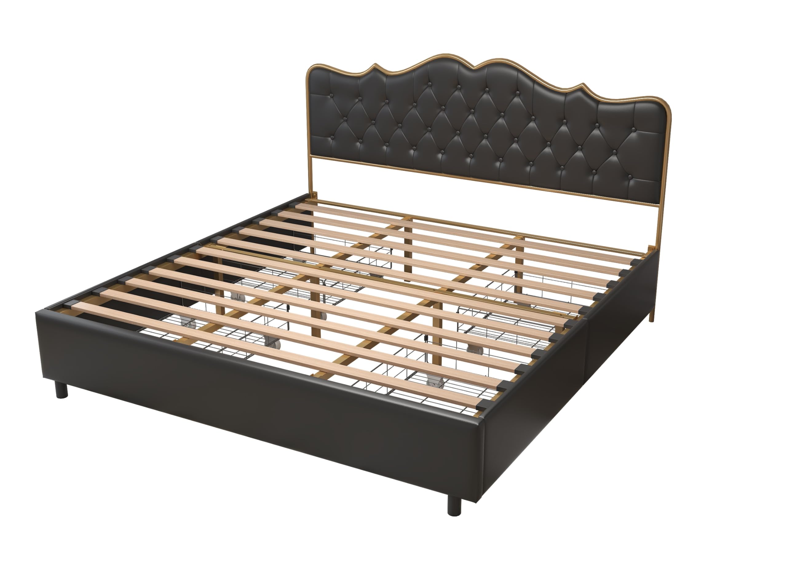 IULULU King Bed Frame, Upholstered Platform Bed Frame with with 4 Storage Drawers and Faux Leather Headboard, King Size Mattress Foundation with Wooden Slats Support, No Box Spring Needed, Black