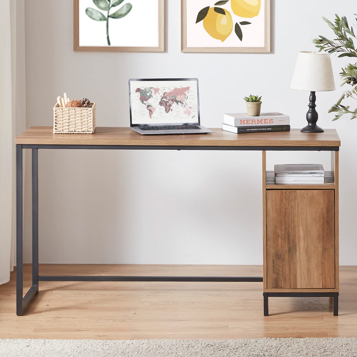 IBF Home Office Desk, Industrial Computer Desk with Storage File Cabinet, Wood and Metal Writing Desk for School Student Study, Computer Table with Drawers Shelves Storage, Rustic Oak, 55 Inch