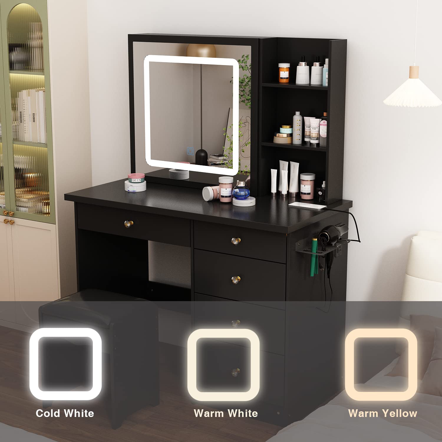 Homsee Vanity Desk Set Makeup Table with Large Sliding Lighted Mirror, Power Strip and Hair Dryer Holder, Dressing Table with Drawers, Storage Shelves & Stool for Bedroom, Black