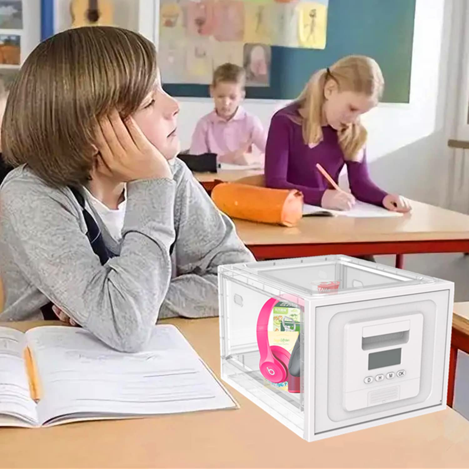 Large Time Lock Box with 3 Digit Combination Locked Container,Medicine Timer Lockbox,Timed Locking Box for Food, Cell Phones Jail,Ipad,Games, Snacks Lockable and Medication (Clear Box + white Door)