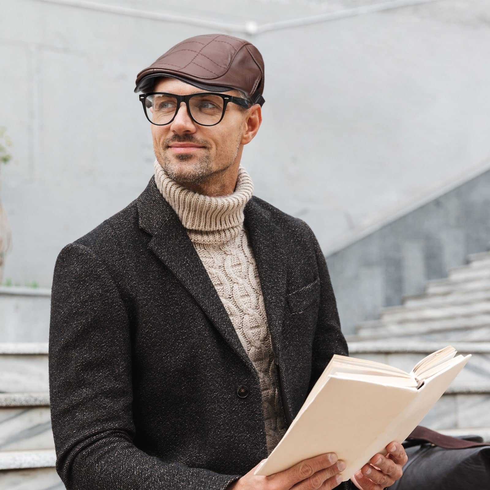 Men PU Leather Cap 2 Pieces Adjustable Newsboy Hat Winter Hat for Men Light Brown and Black Fishing Hat Leather Hats for Men