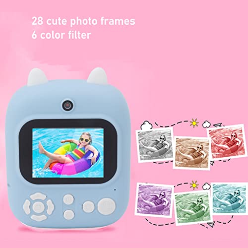 jerss Childrens Digital Camera 6 Filter Effects Face Recognition Auto Print Digital Camera 1080P ABS Home Silicone for Children (Blue)