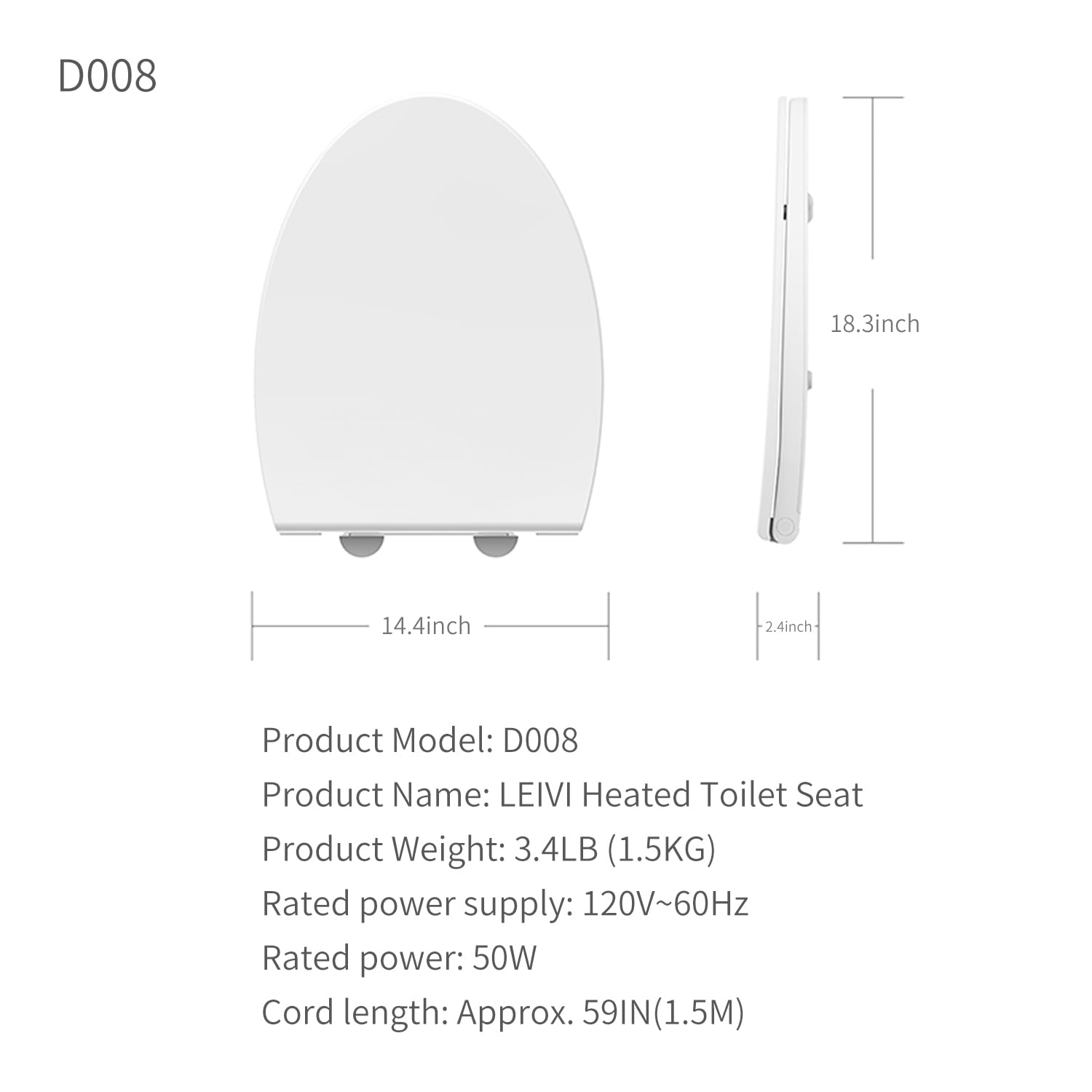 LEIVI Heated Toilet Seat with Built-in Side Control, Lid and Seat Soft Close, Auto Night Light, Easy Installation, Elongated