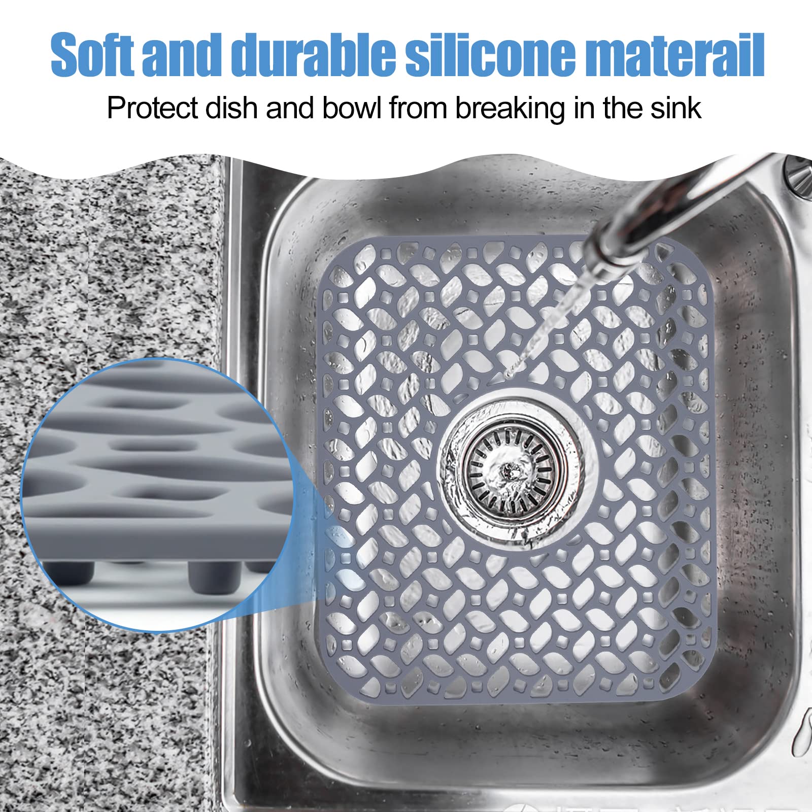 JUSTOGO Silicone Sink Mat, Grey Kitchen Sink Mats Grid Accessory, 2 PCS Folding Non-Slip Sink Protector for Kitchen Bottom of Farmhouse Stainless Steel Porcelain Sink (Center Drain, 13.58''x 11.6'')