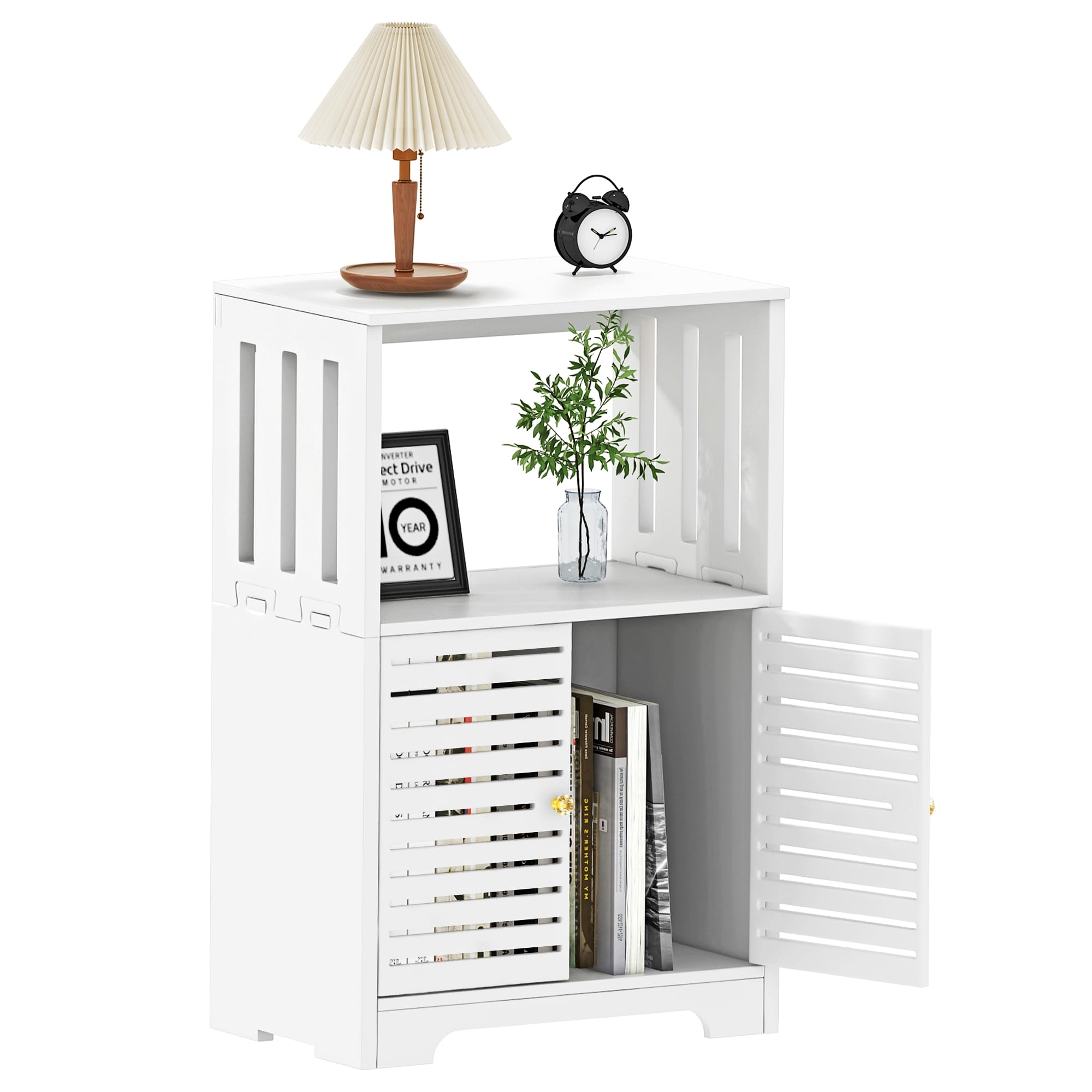 HAYOFAMY 3-Tier Side Table with Doors White, Nightstand End Table Bookcase, Storage Cabinet for Bedroom, Living Room, Bathroom, Office