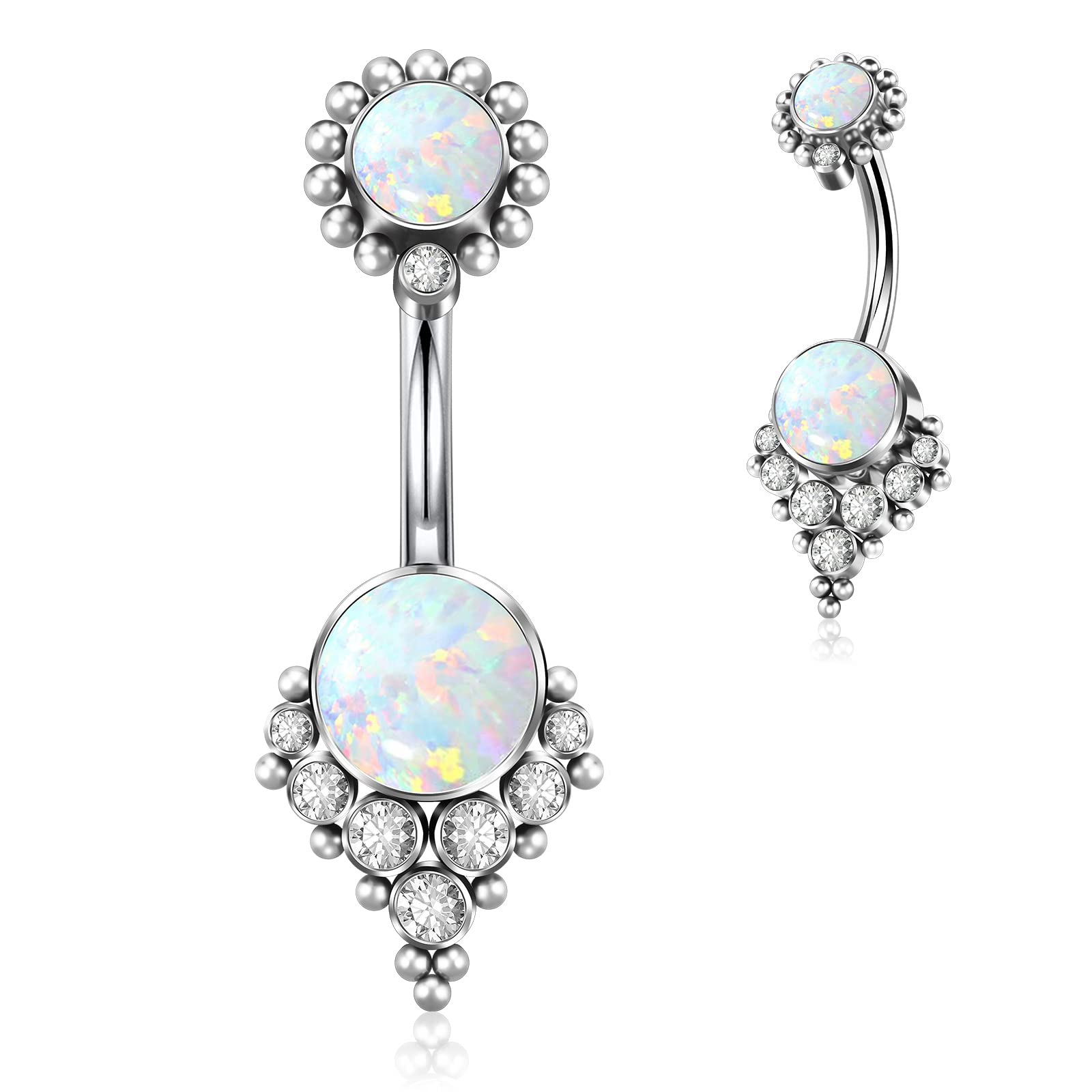 Moridux 14g G23 Real Solid Titanium Bezel Cluster Belly Button Rings With Opal CZ 10mm Internally Threaded Navel Piercing Jewelry Barbell Stud Navel Rings For Women(White Opal+Clear CZ)