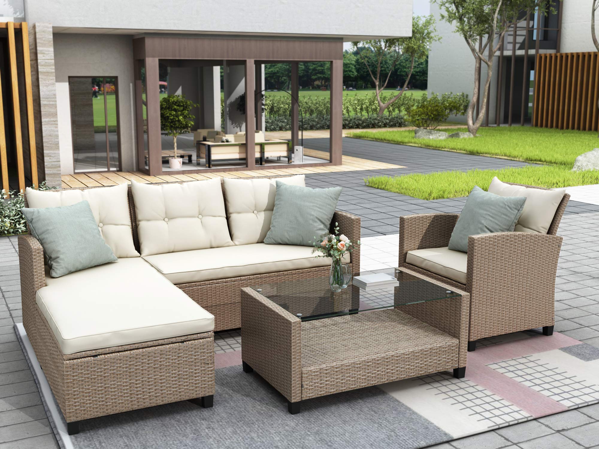 HomSof Outdoor Conversation Sets Wicker Furniture 6 Pieces Patio Table and Chairs with Bench and Cushions, Gray, 8 Seater