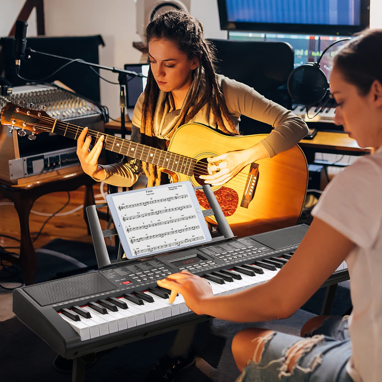 Keyboard Piano, 61 Key Electric Piano Keyboard for Beginners, LED Screen Music Keyboard with Microphone, Keynote Stickers, Stand Bench and Music Stand (Grey)