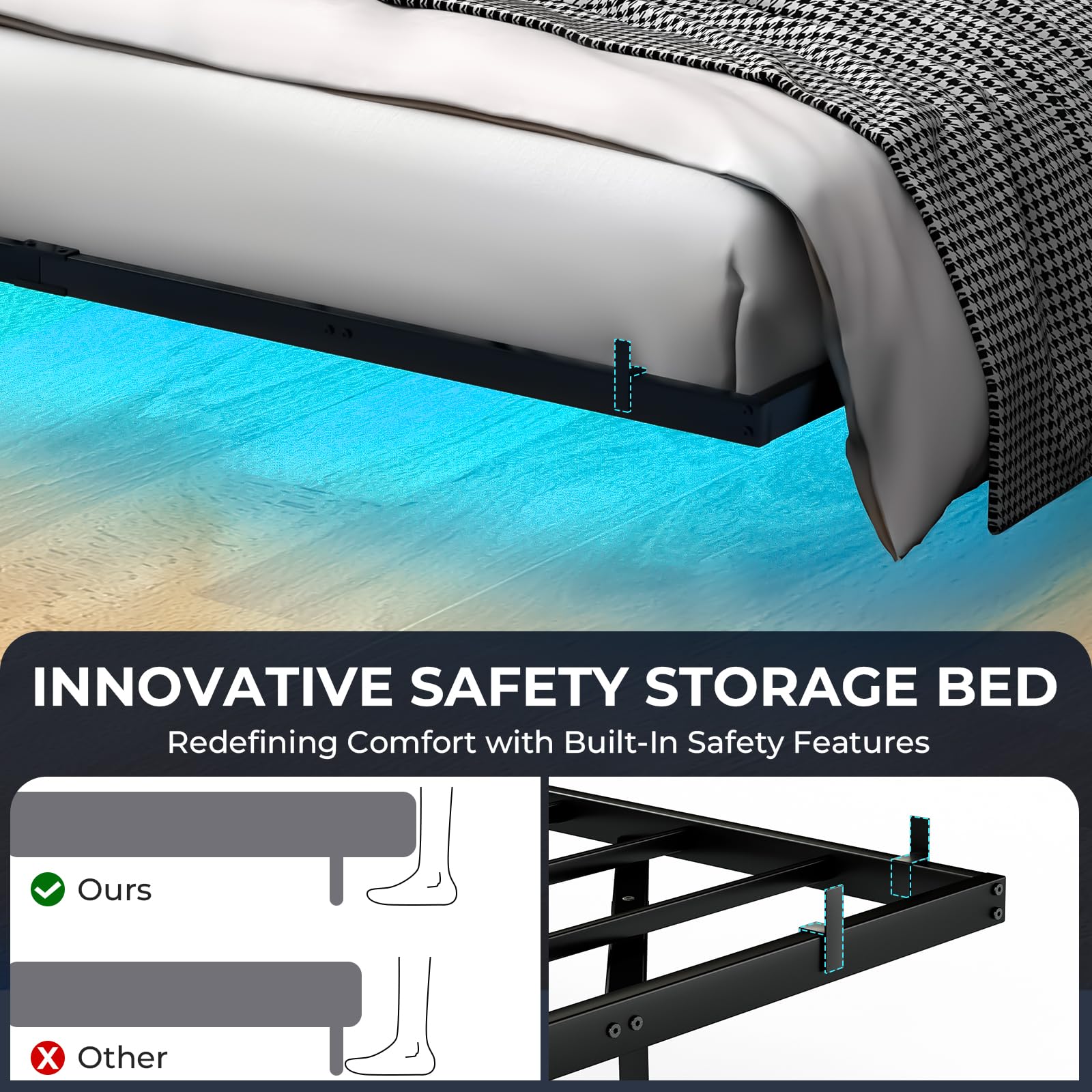 Tatub Queen Floating Bed Frame with Bedside Caddy, LED Floating Bed Frame with Charing Station & 4 Mattress Slide Stopper, Heavy Duty Metal Platform Bed, No Box Spring Needed, Easy to Assemble