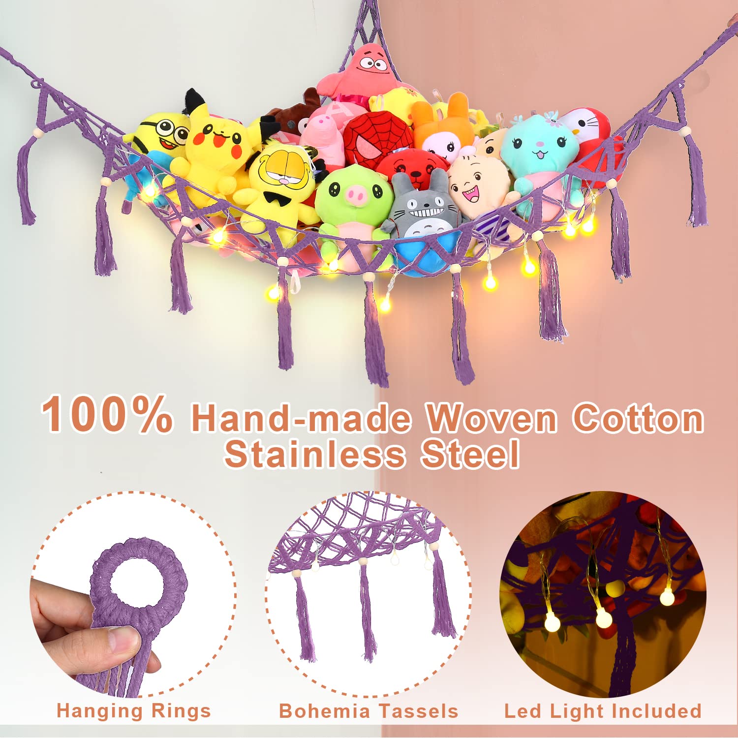 KOHUIJOO Stuffed Animal Net or Hammock Macrame Toy Hammock for Stuffed Animals With Lights Plush Toy Storage Hammock Corner Hanging Mesh Net Boho Nursery Organizer for Kidroom Playroom Purple