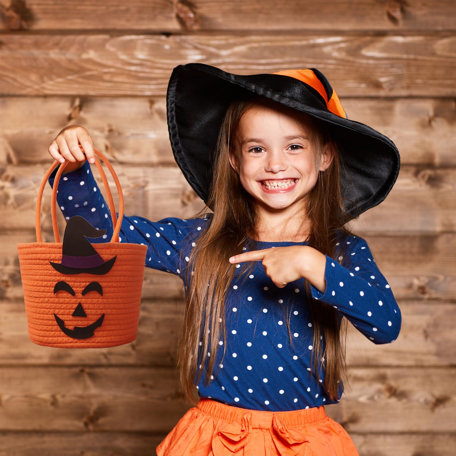 Poschnor Halloween Basket, Halloween Pumpkin Basket for Kids, Halloween Candy Basket, Small Woven Rope Basket bins, Empty Gift Basket for Halloween Decorations, Orange