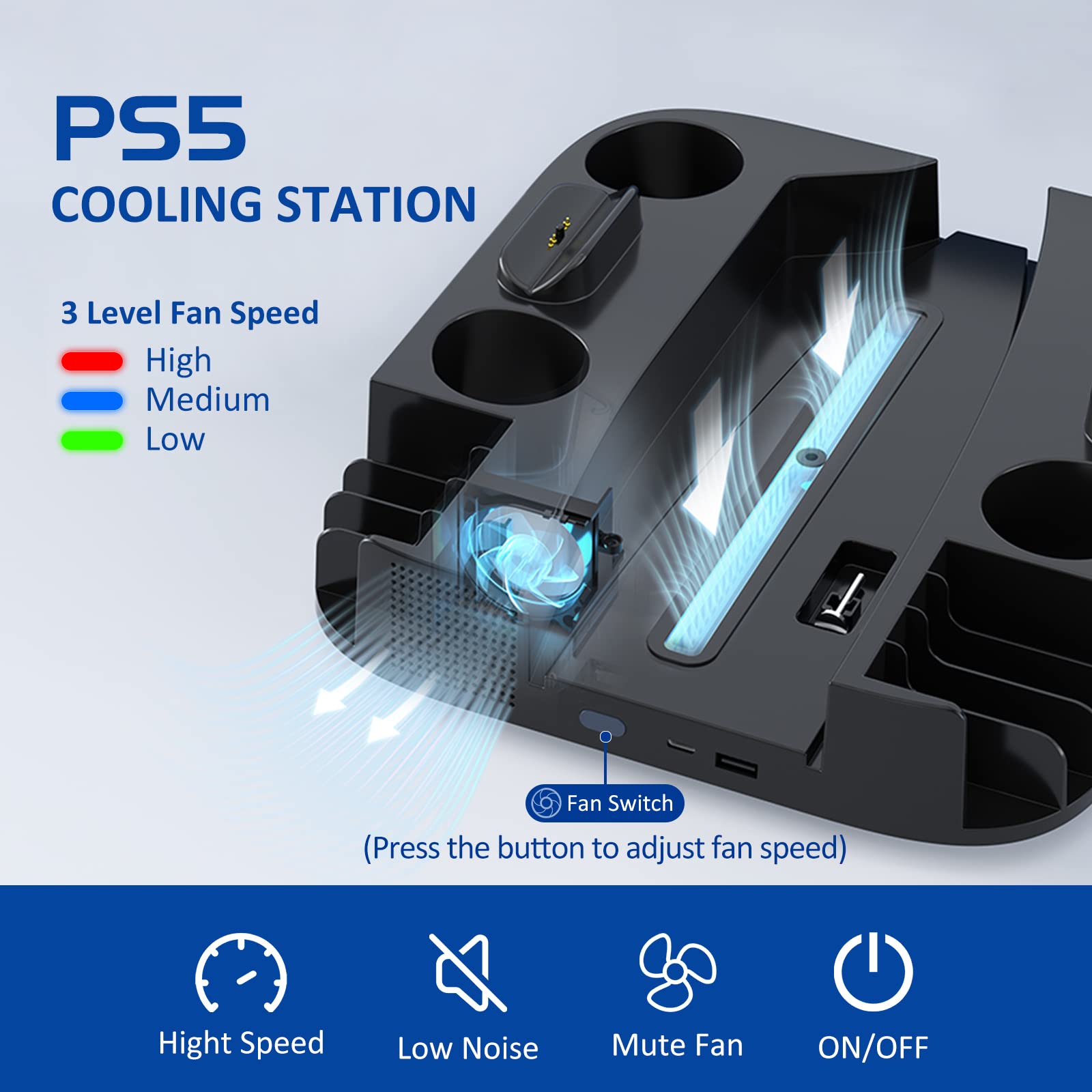 LVFAN PS5 Stand / PS5 Controller Charging Station, PS5 Accessories for Playstation 5 Digital & Disc Edition, PS5 Console Cooling Station with 3 Levels Adjustable Fan Speed, 8 x PS5 Games Slots β Black