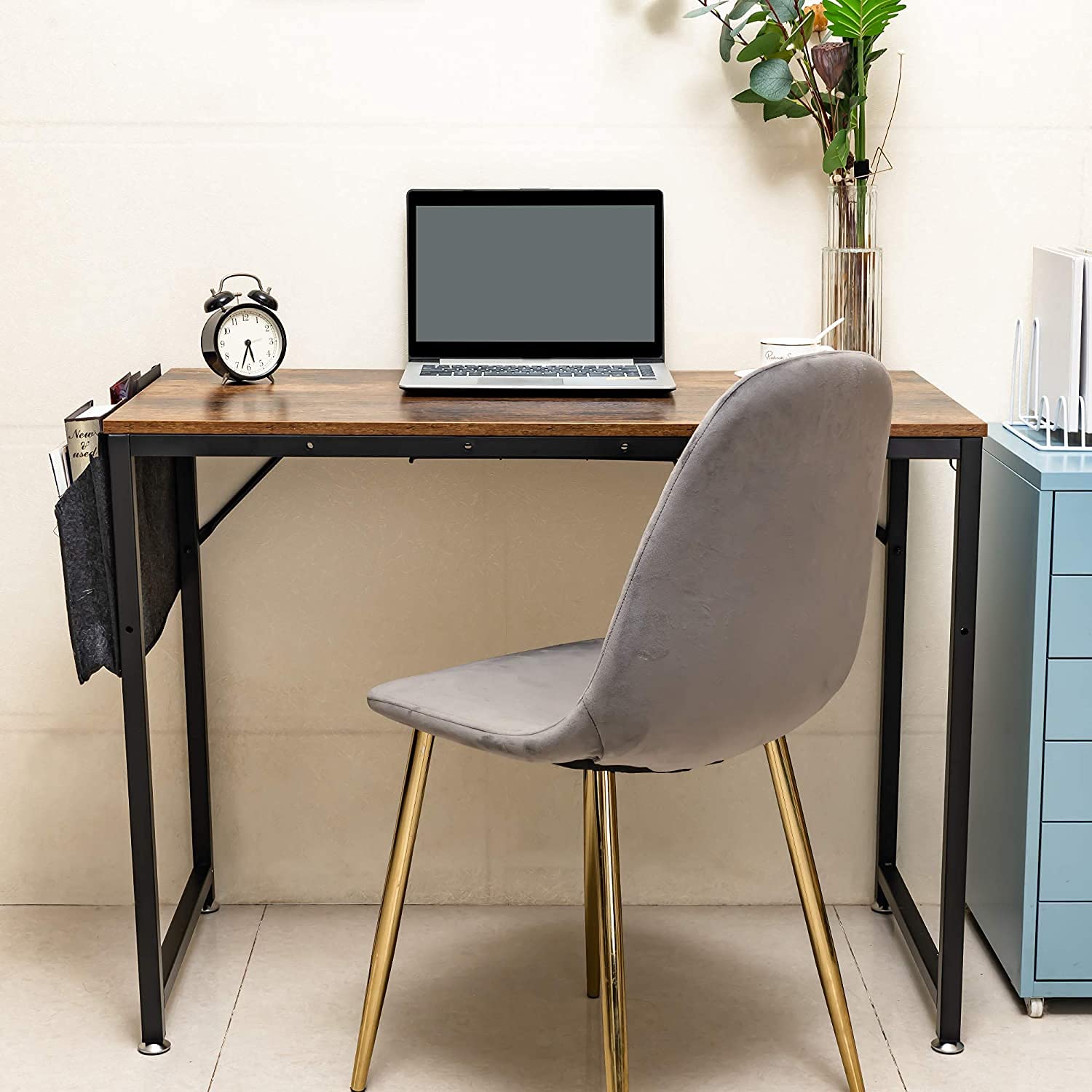 KIKIBRO Computer Desk, 39.4" Study Writing Table with Headphone Hook Storage Bag for Home Office Students, Industrial Simple Style PC Desk, Black Metal Frame, Rustic