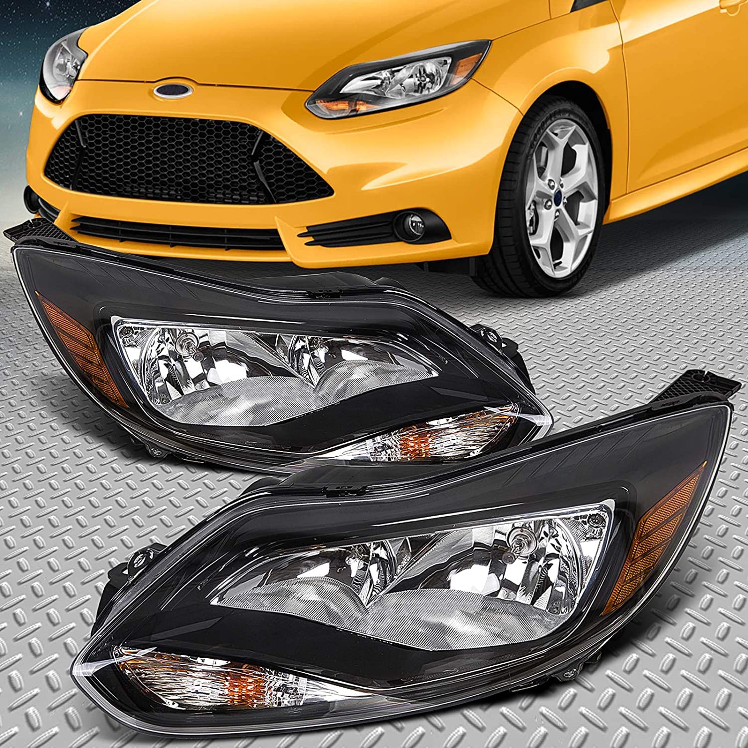 JMTAAT New Pair Amber Headlights Compatible with 2012-2014 Ford Focus Driver Left+Passenger Right Headlamps w/Bulbs Replacement For FO2503299 FO2503298