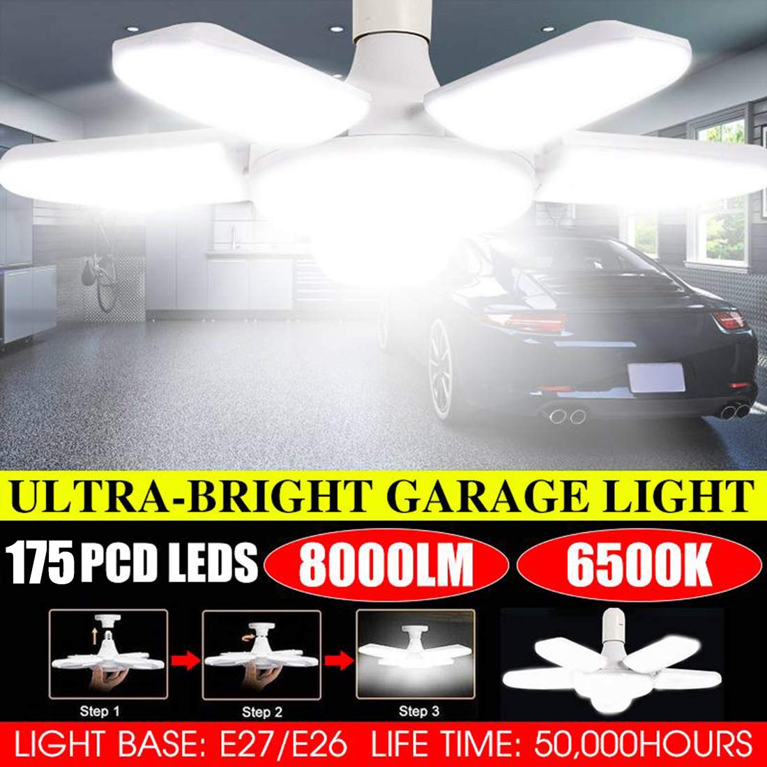 HZMENG LED Garage Lights 4 Pack, 80W LED Basement Lights LED Shop Light Fixture, LED Light Bulbs Garage Ceiling Lighting with 5 Deformable Panels for Garage Basement Workshop Warehouse