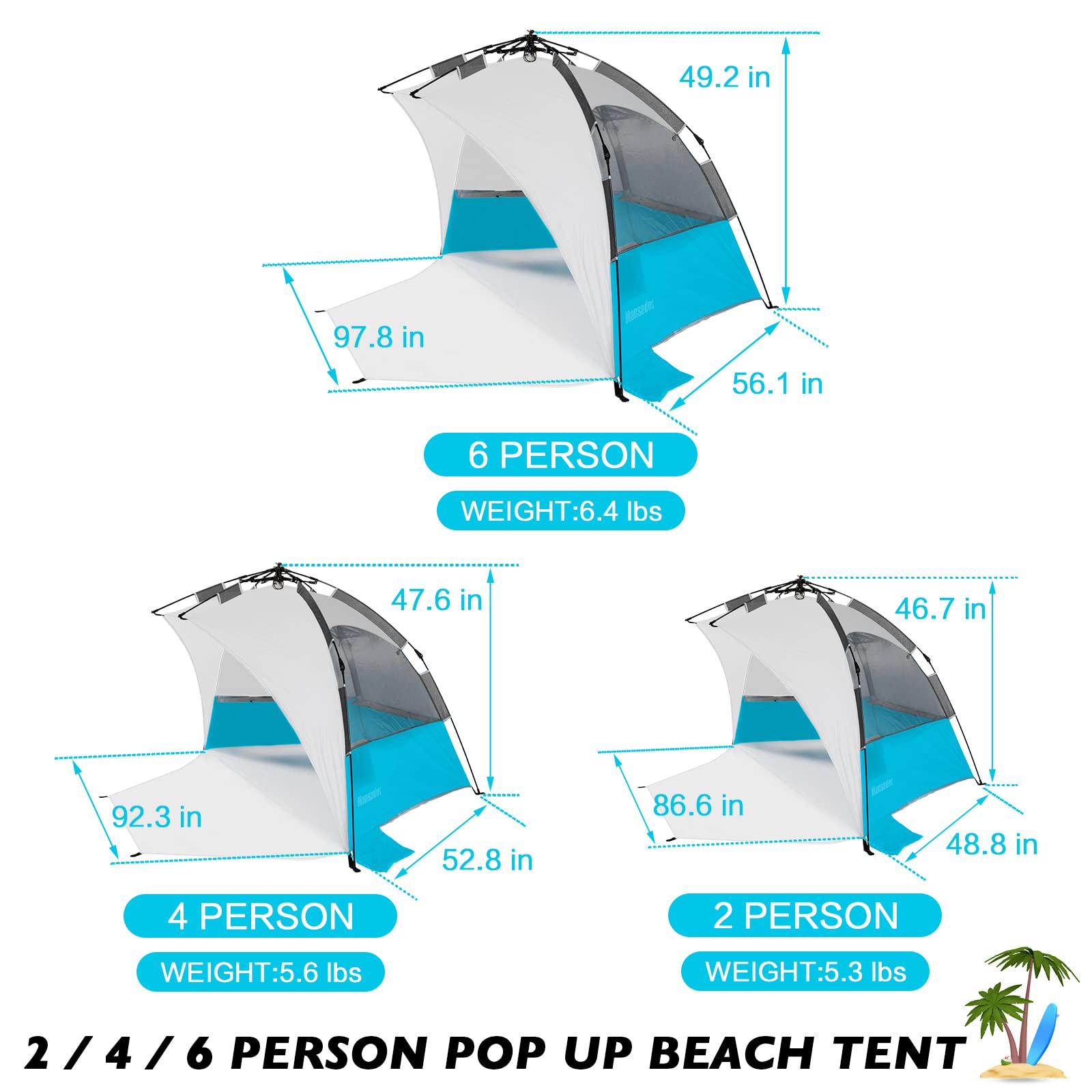 Mansader 2-3 Person Large Instant Pop Up Beach Tent, UV Protection Portable Easy Setup Sun Shade Shelter, Extended Floor with 3 Ventilating Mesh Windows for Outdoor Camping Fishing (Light Blue)