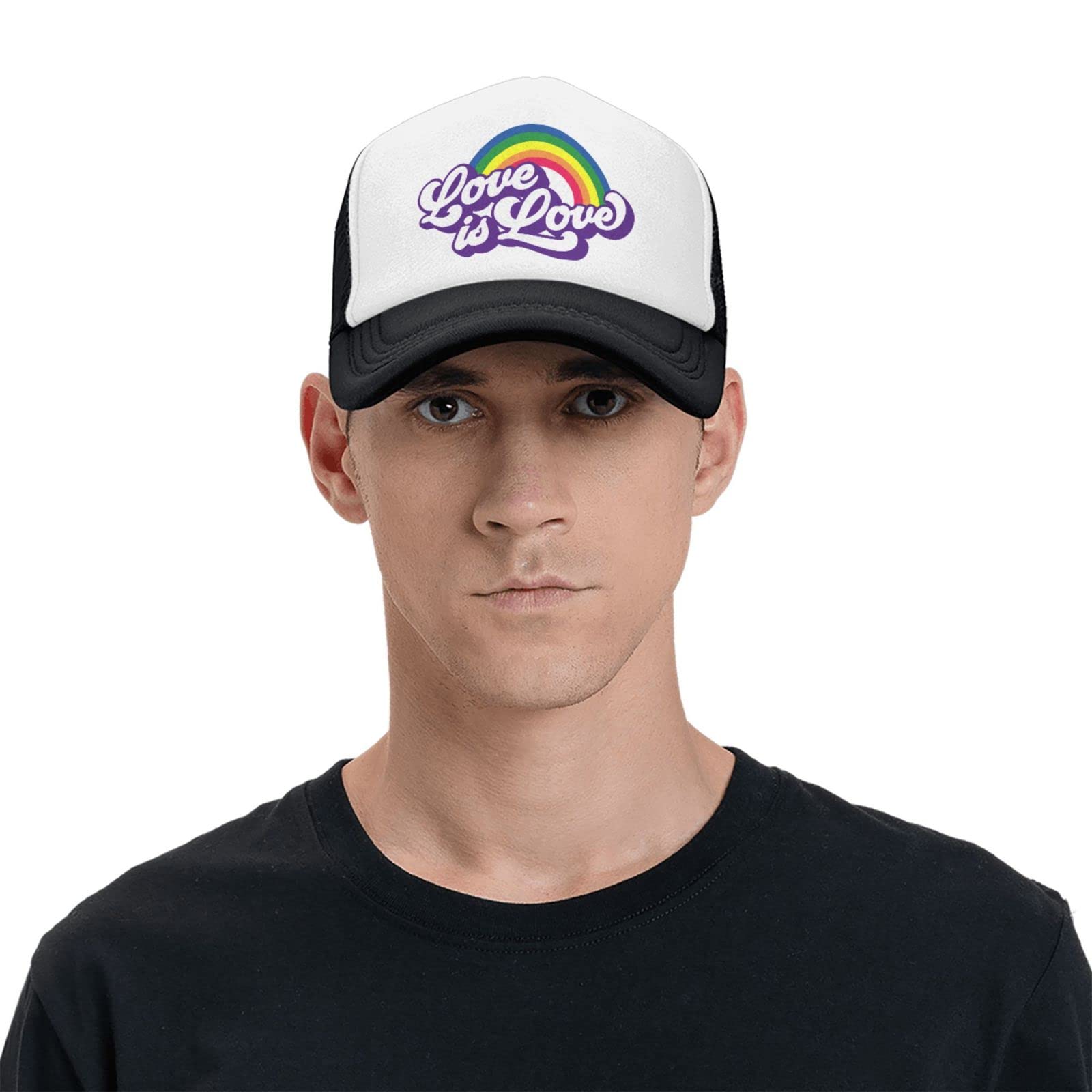 NVJUI JUFOPL Love is Love Rainbow Trucker Hat, Mesh Adjustable LGBT Pride Baseball Cap for Men Women