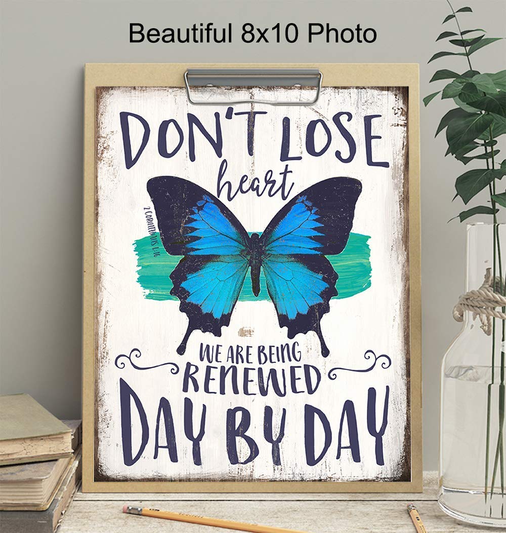 Inspirational Butterfly Picture - Christian Bible Verse Wall Art - Religious Scripture Wall Decor - Blue Rustic Boho Gift for Women - Motivational Home or Apartment Decoration for Bedroom, Living Room