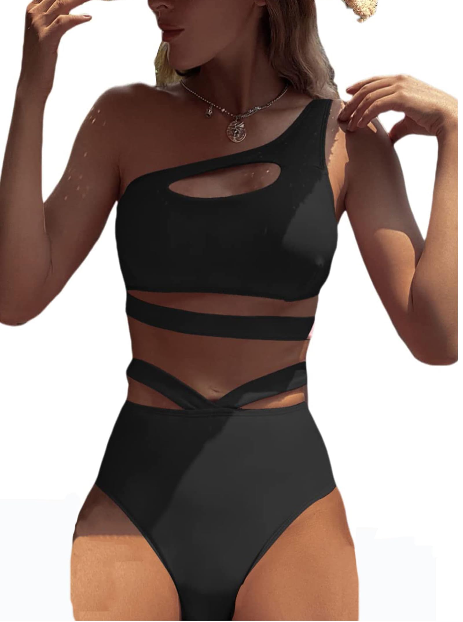 Hilinker Sexy Bikini Set for Women Cut Out One Shoulder High Waisted Swimsuit Black Medium