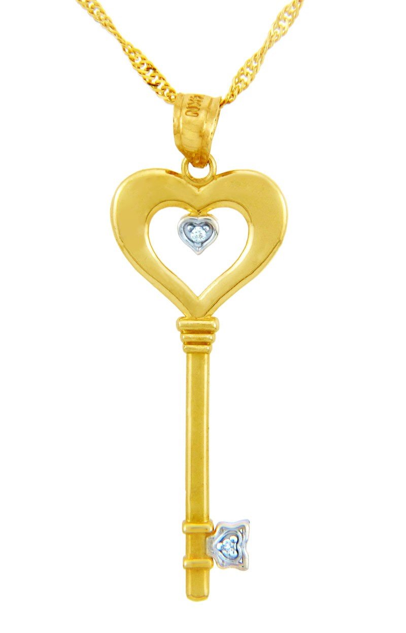 Heart Pendants 14k Yellow Gold Key to Her Necklace with 18" Chain